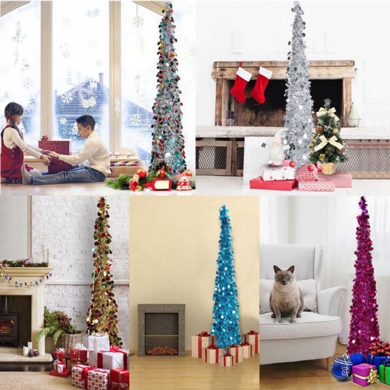 Foldable 5ft Pop Up Christmas Tinsel Slim Trees with Plump Shiny ...