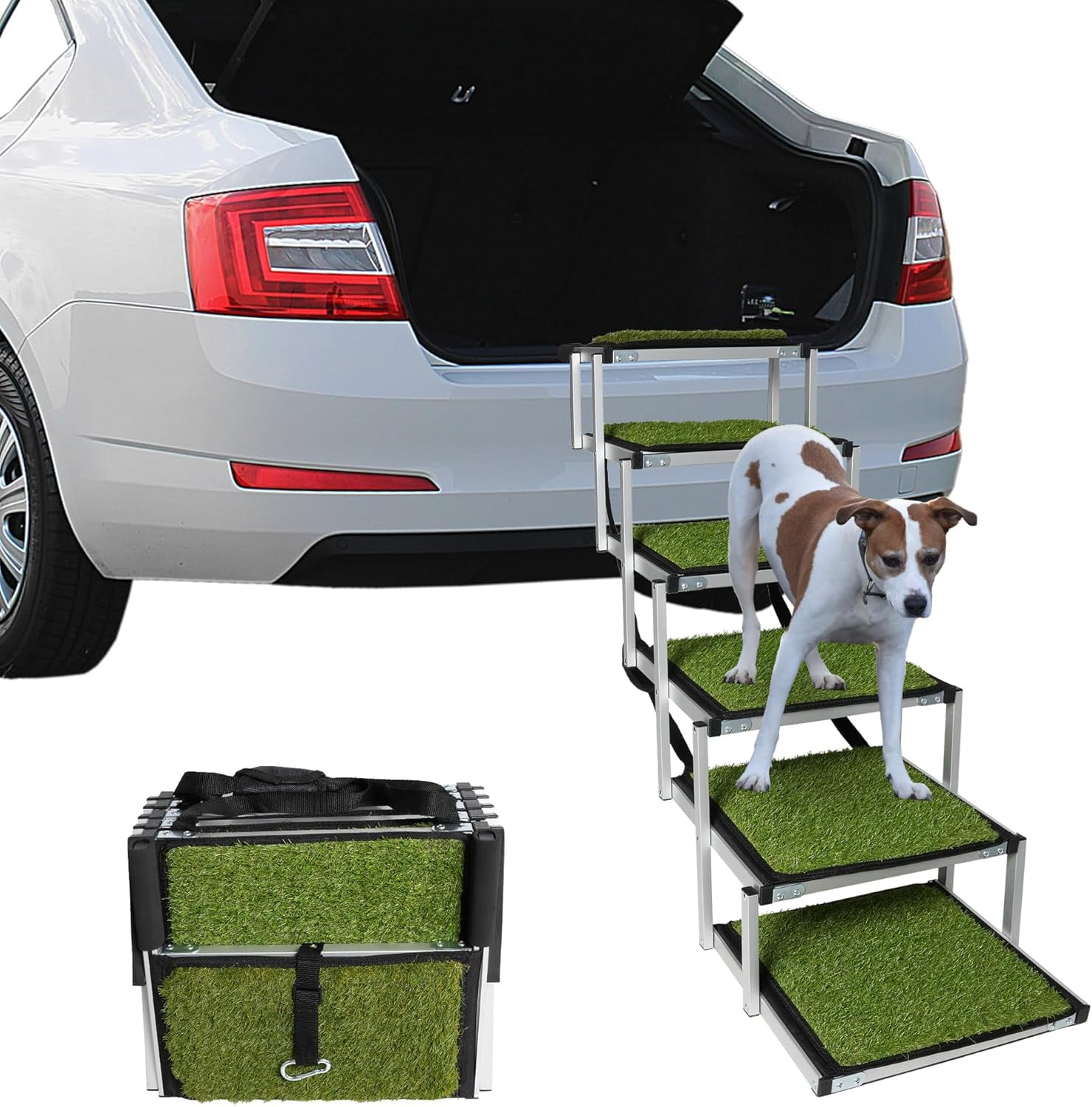 Foldable 6 Steps Dog Car Stairs for Little and Middle Dogs, with Grass Surface Collapsible ...