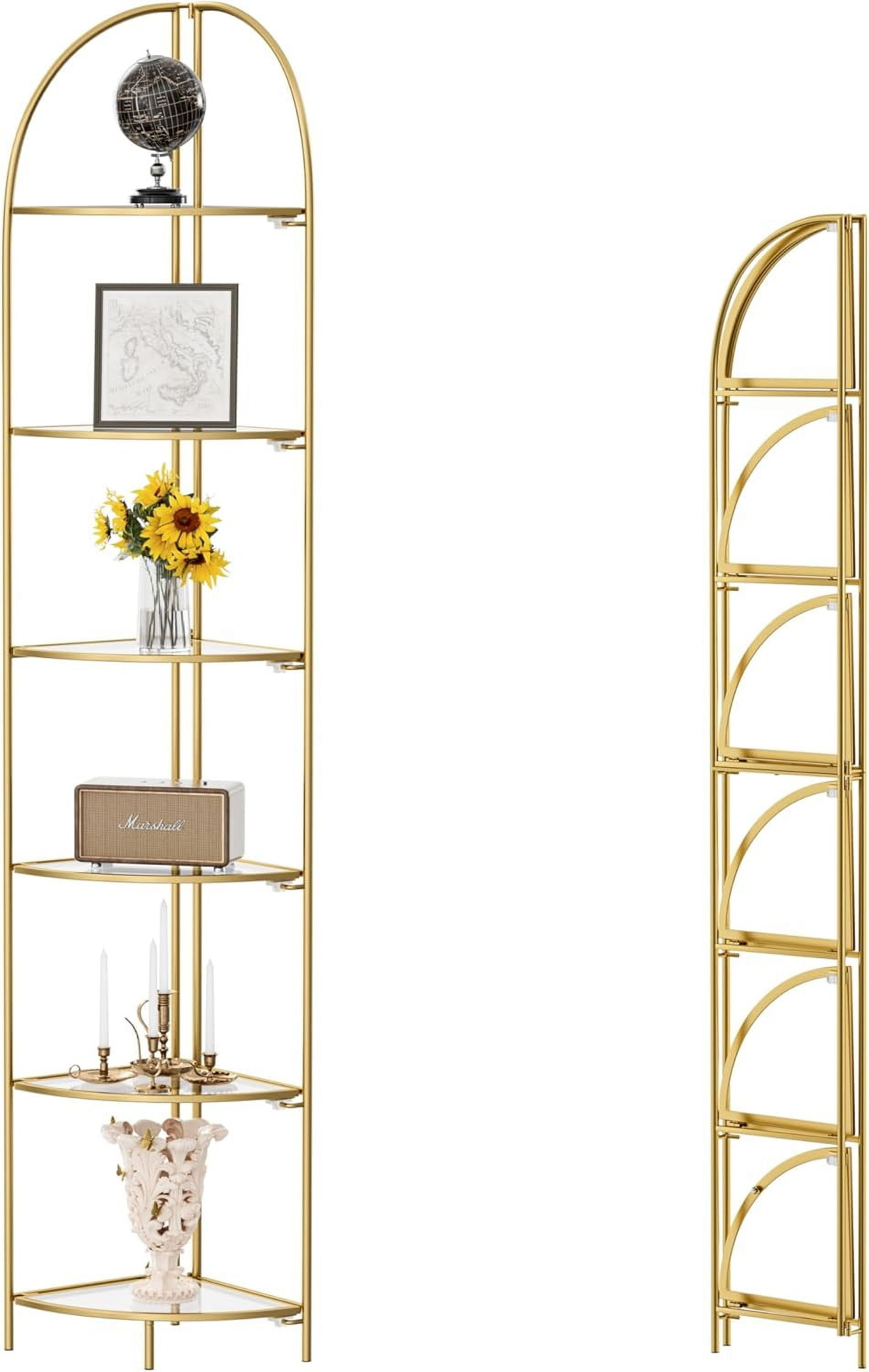 Foldable 6 Tier Corner Shelf, Corner Plant Stand with Gold Metal Frame ...