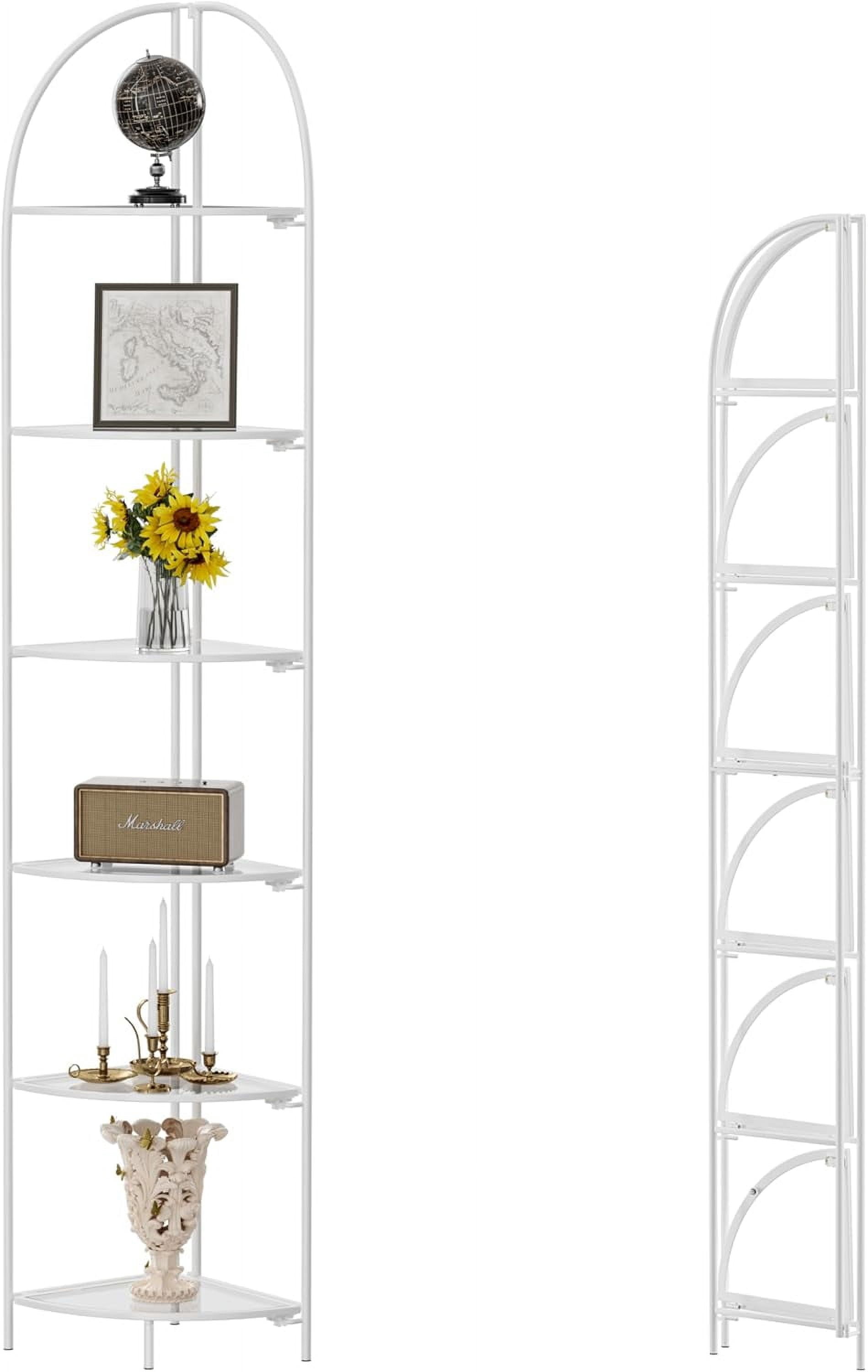 Foldable 6 Tier Corner Shelf, Corner Plant Stand with White Metal Frame ...