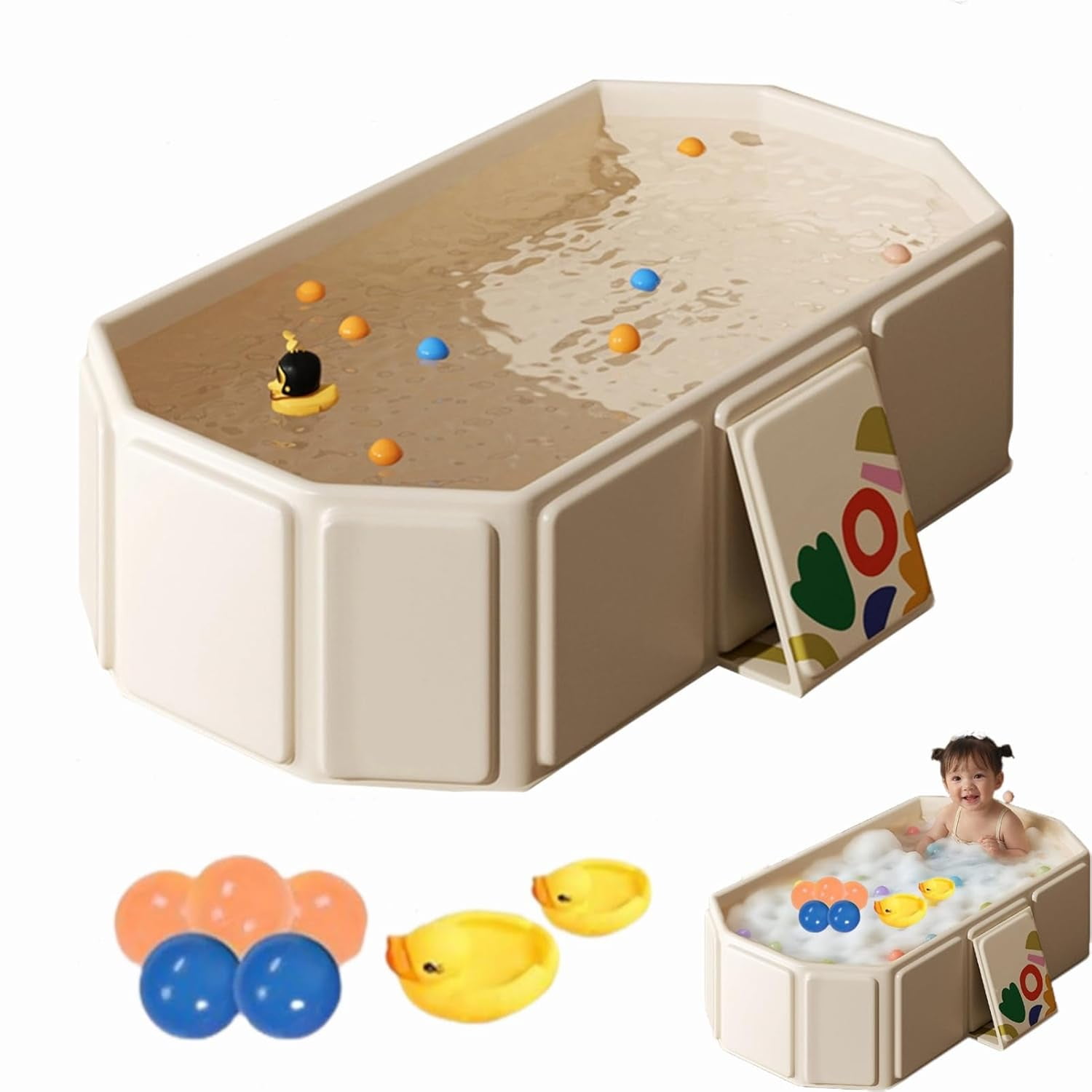 Foldable Baby Bathtub, Large Toddler Bathtub with 5 Balls and 2 Ducks ...