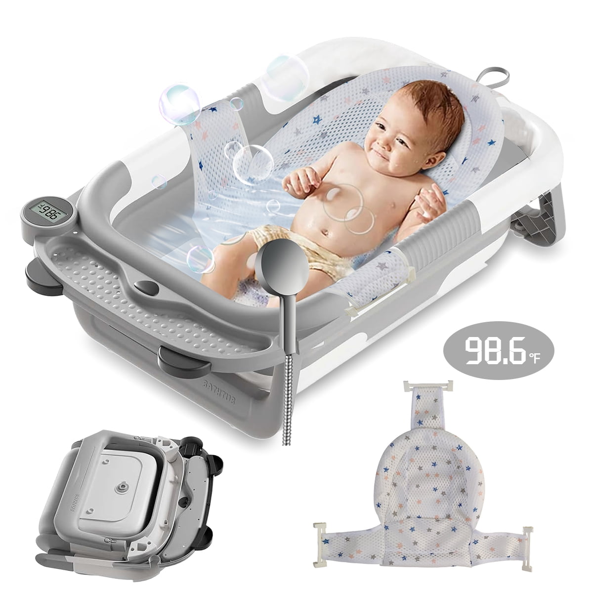 Foldable Baby Bathtub Portable Infant Baby Bath Tub with Thermometer ...