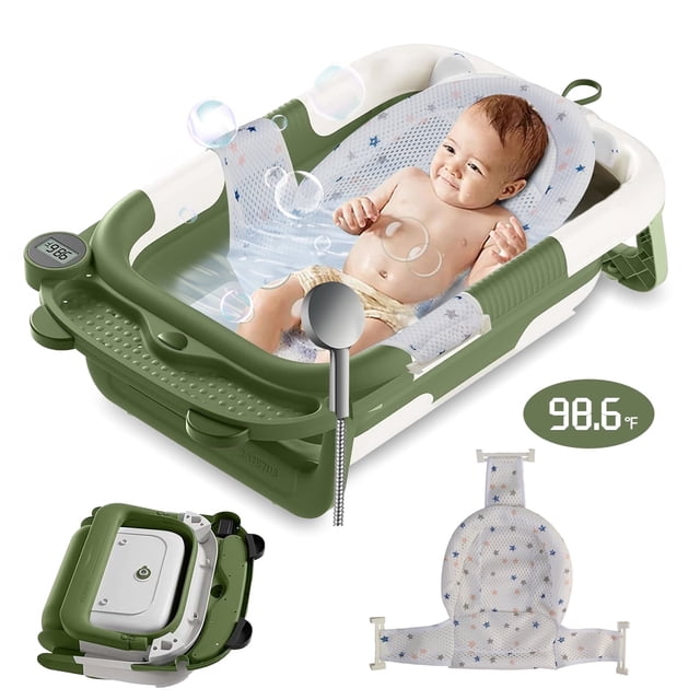 Foldable Baby Bathtub Portable Infant Baby Bath Tub with Thermometer ...