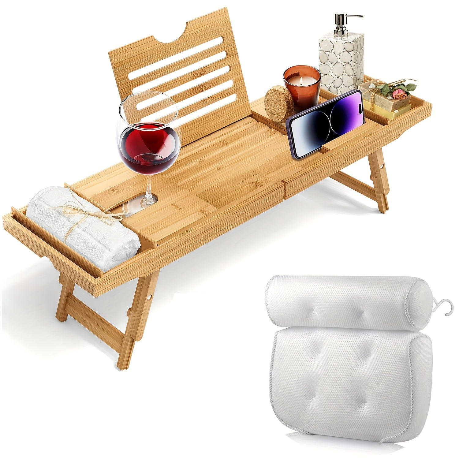 Foldable Bamboo Bath Caddy Tray - Expandable, Soft 4D Mesh Fabric ...