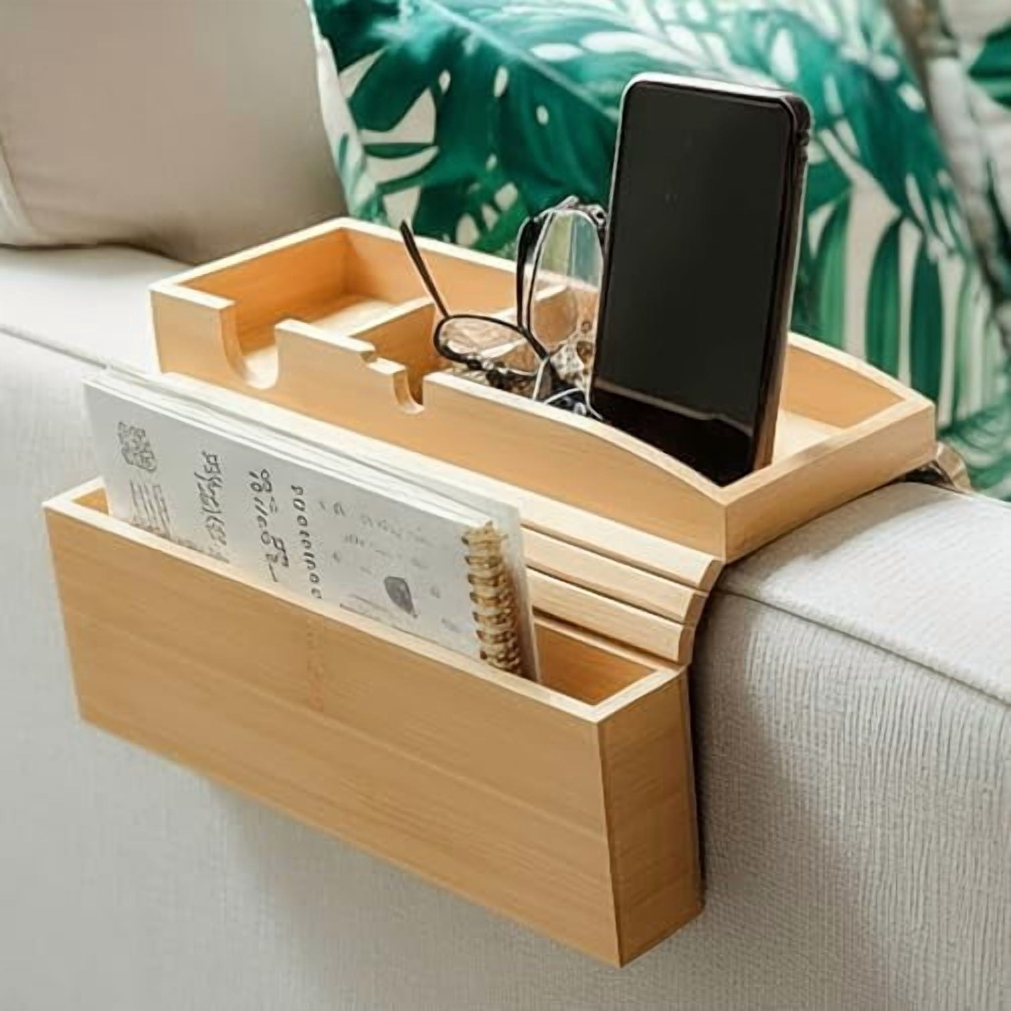 Foldable Bamboo Couch Caddy with Cup Holder, Portable Sofa Arm Tray ...