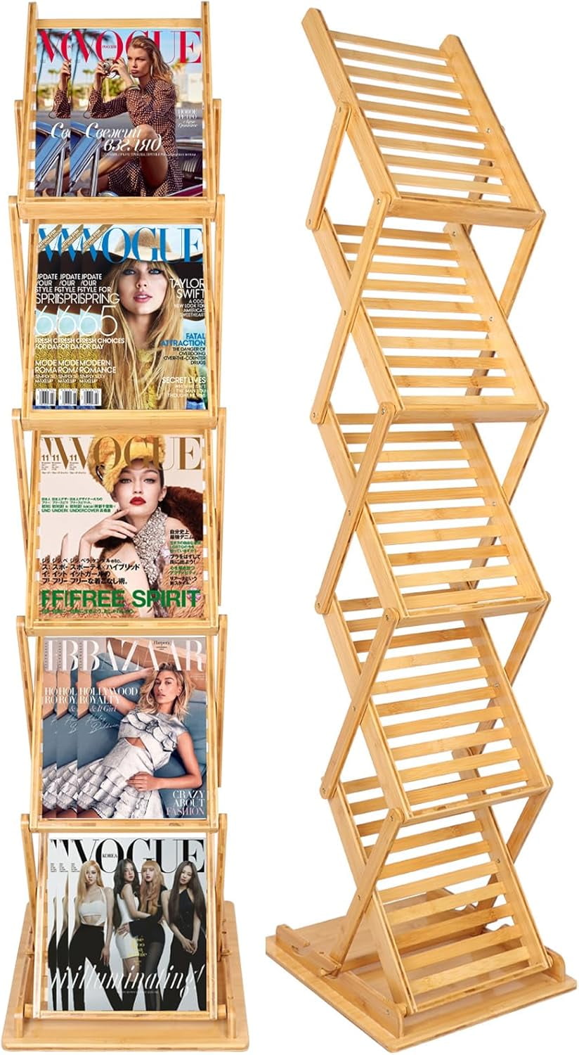 Foldable Bamboo Magazine Rack Floor, Portable Pop-up Display Stand ...