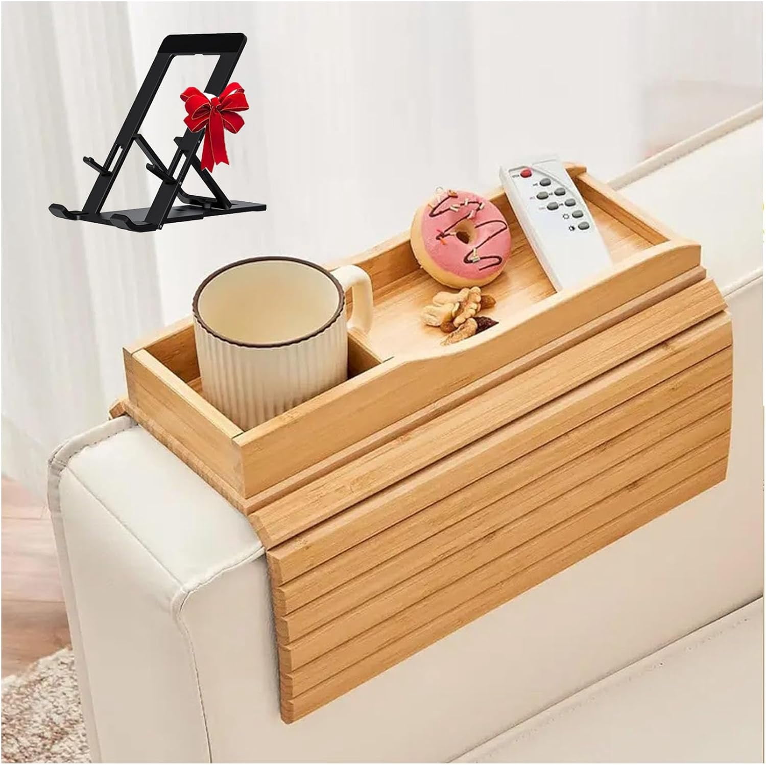 Foldable Bamboo Tray with Cup Holder, Anti-Slip Sofa Armrest Tray ...