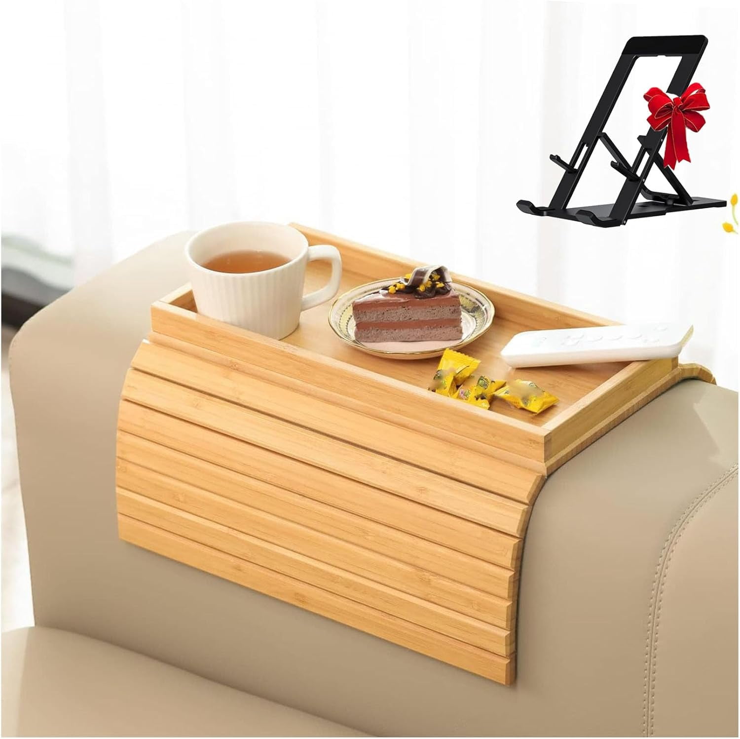 Foldable Bamboo Tray with Cup Holder, Anti-Slip Sofa Armrest Tray ...