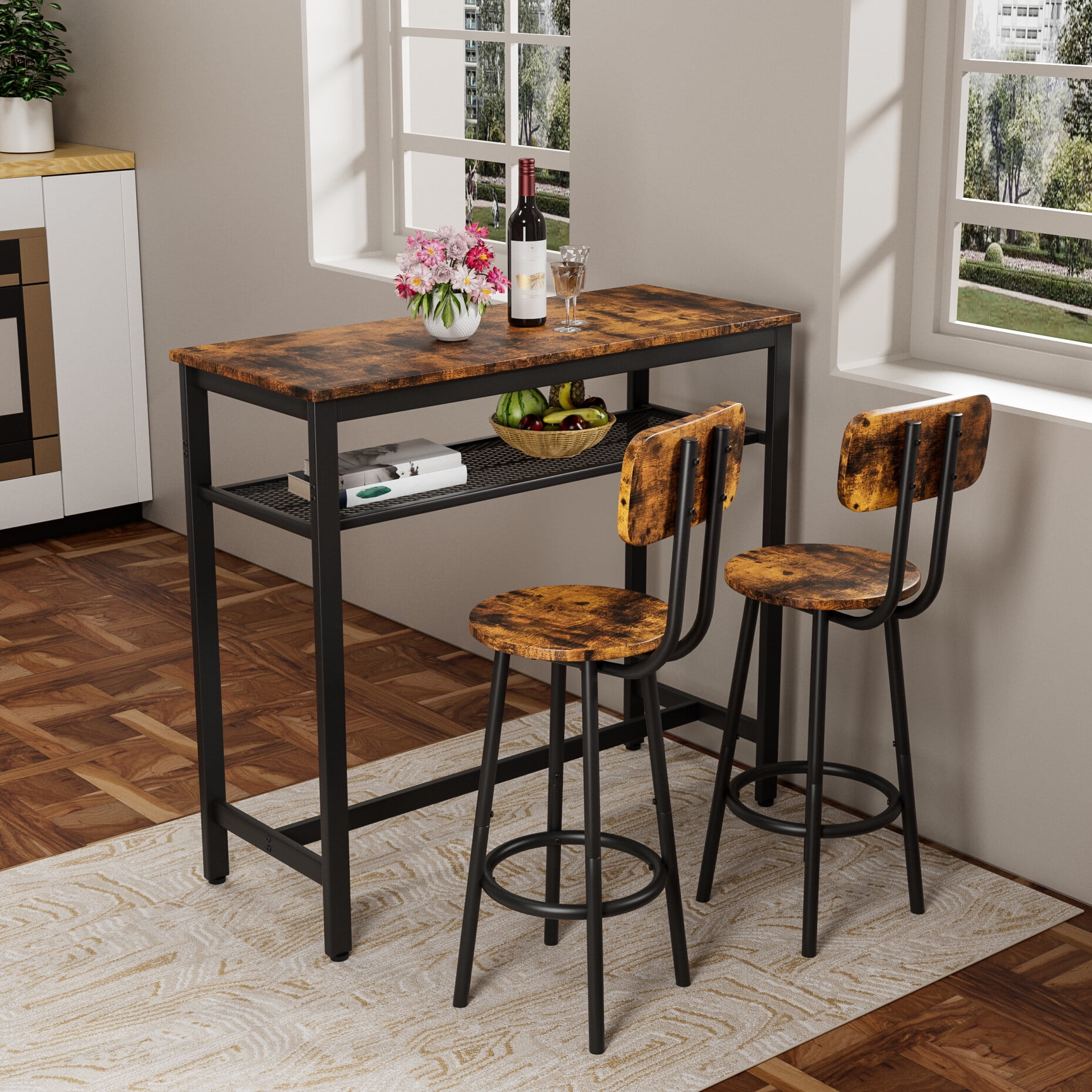 Foldable Bar Table Set with 2 Counter Height Stools Featuring Backrest ...