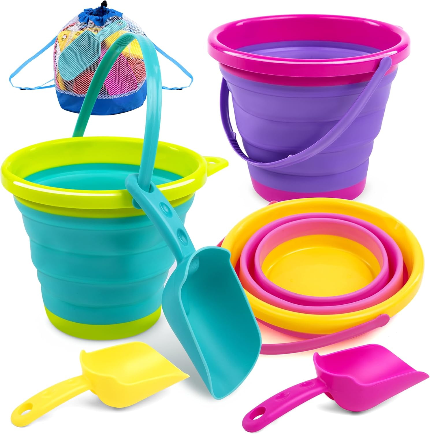 Foldable Beach Bucket Set - 3 Packs Collapsible Toy Buckets with ...