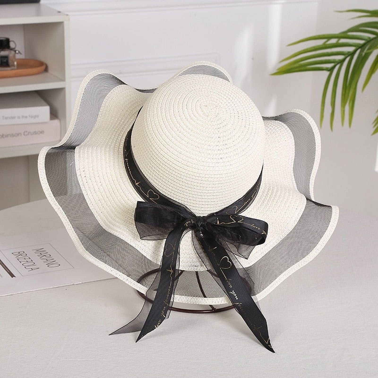 Foldable Big Brim Floppy Girls Straw Hat Sun Hat with Bow Elegant ...