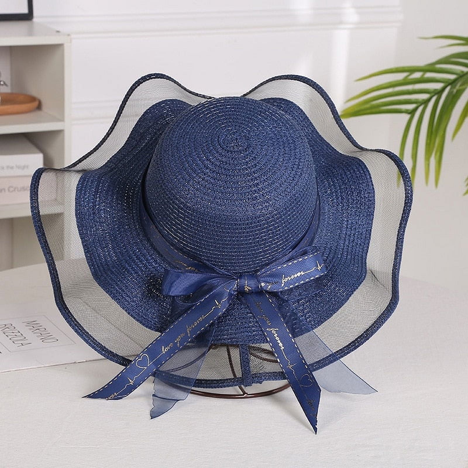 Foldable Big Brim Floppy Girls Straw Hat Sun Hat with Bow Elegant ...