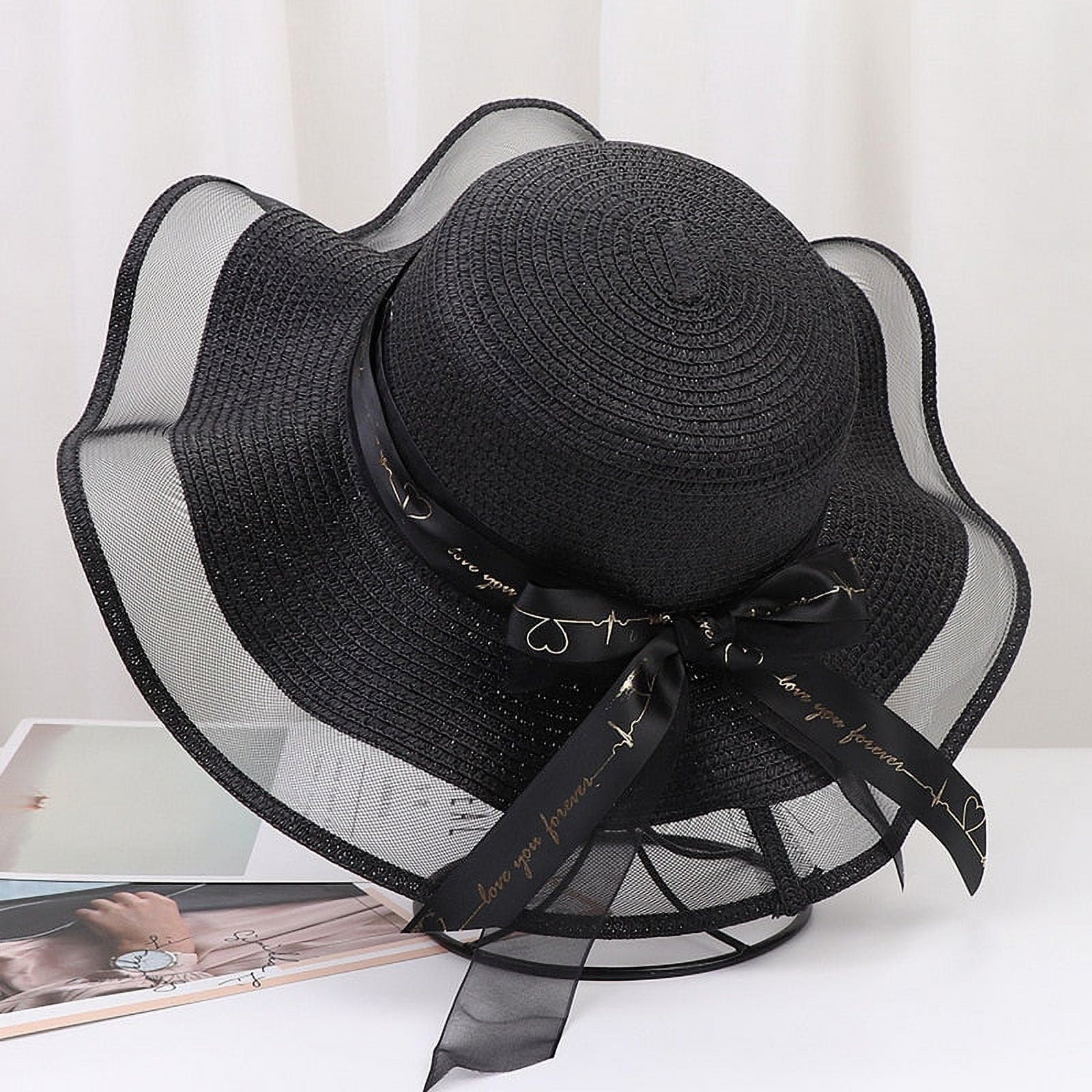 Foldable Big Brim Floppy Girls Straw Hat Sun Hat with Bow Elegant ...