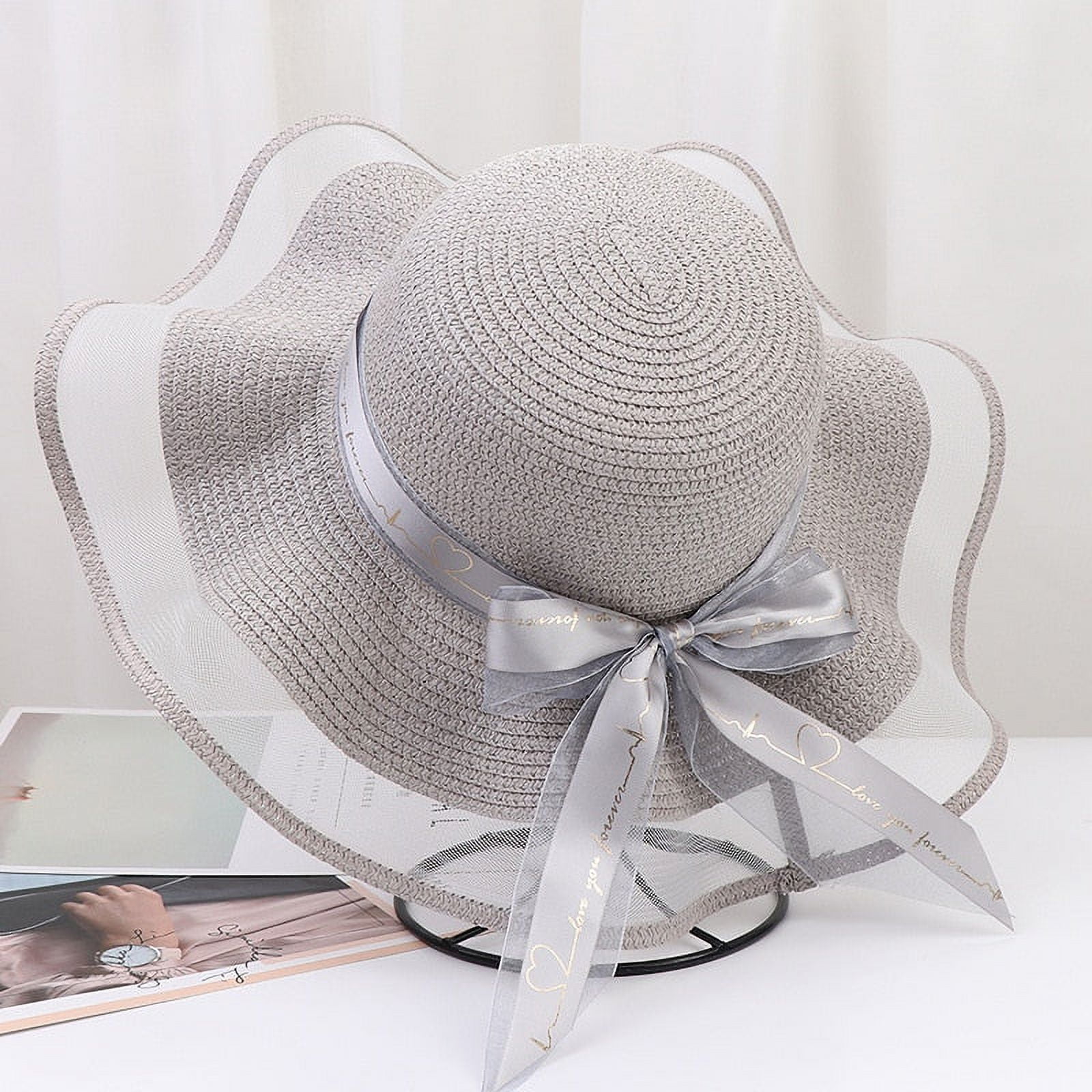 Foldable Big Brim Floppy Girls Straw Hat Sun Hat with Bow Elegant ...