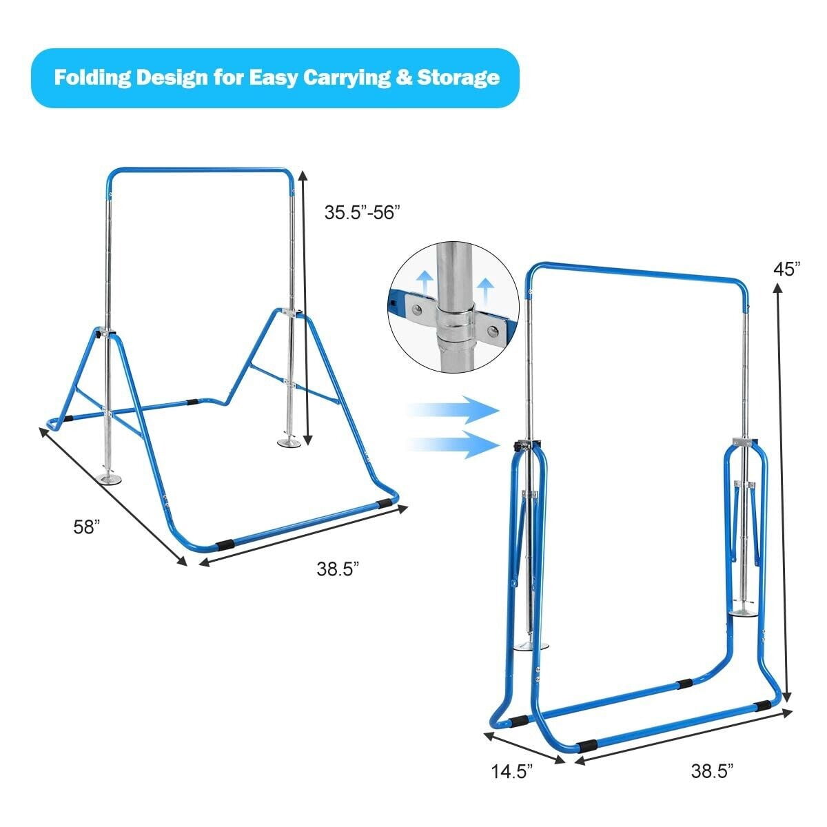 Foldable Blue Adjustable Gymnastics Bar for Kids - Parallel Bar Kip Bar ...