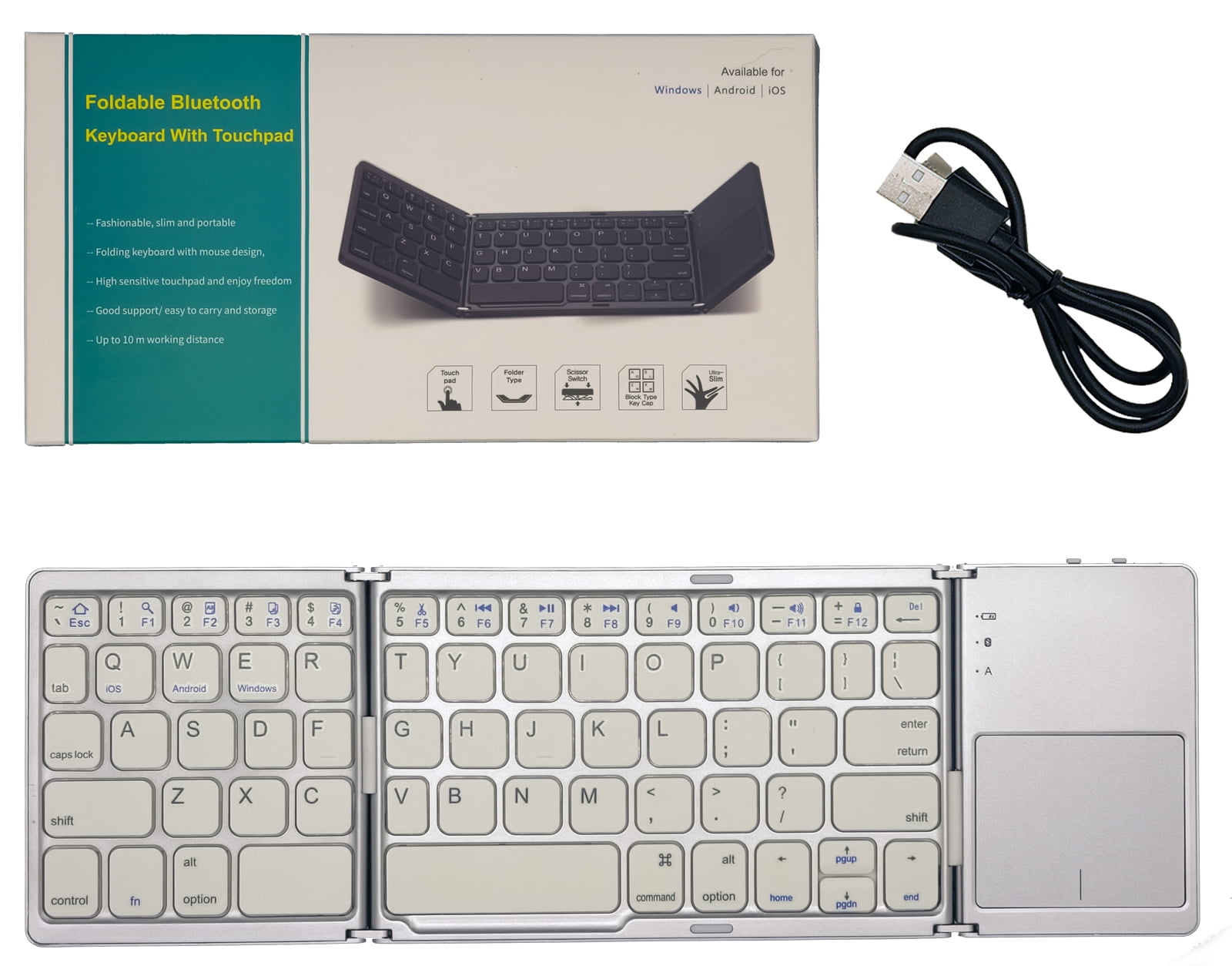 Foldable Bluetooth Keyboard With Trackpad for Windows, Android and IOS - Silver - Walmart.com