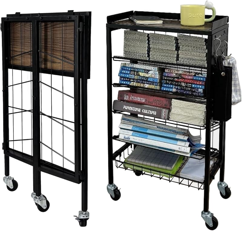 Foldable Book Cart 6-Tier Large Capacity Bookshelf Single Sided V ...