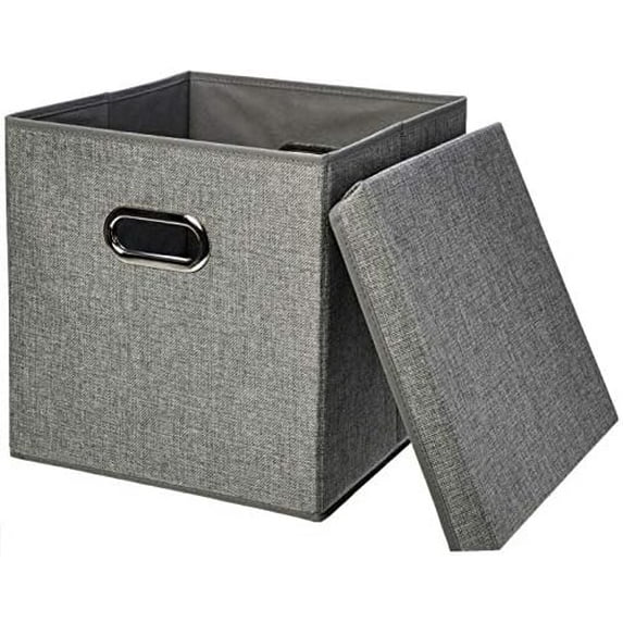 Foldable Burlap Cloth Cube Storage Bin with Lid, Stackable and Sturdy ...