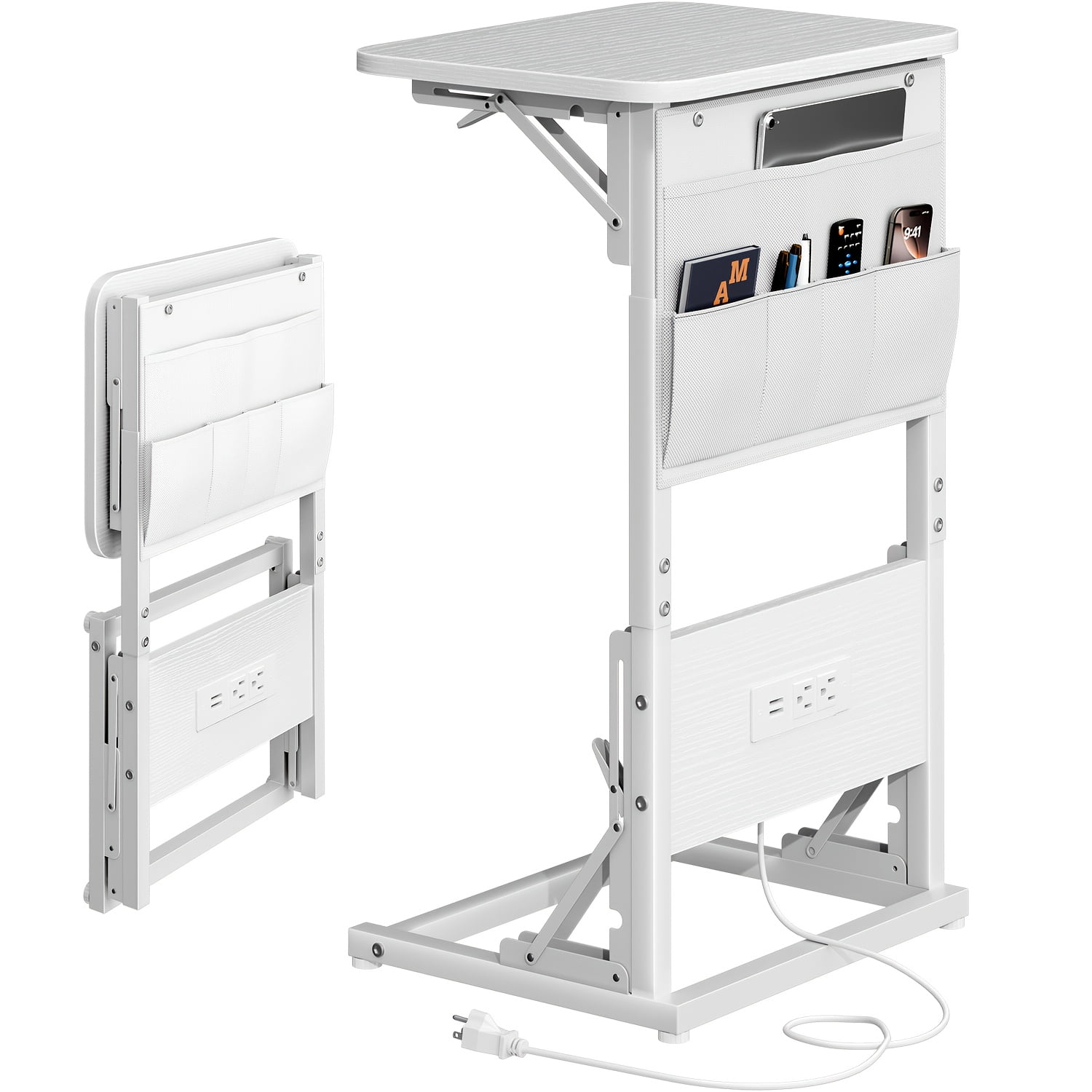 Foldable C-Shaped Side Table | Adjustable Height, 2 AC + 2 USB Power ...