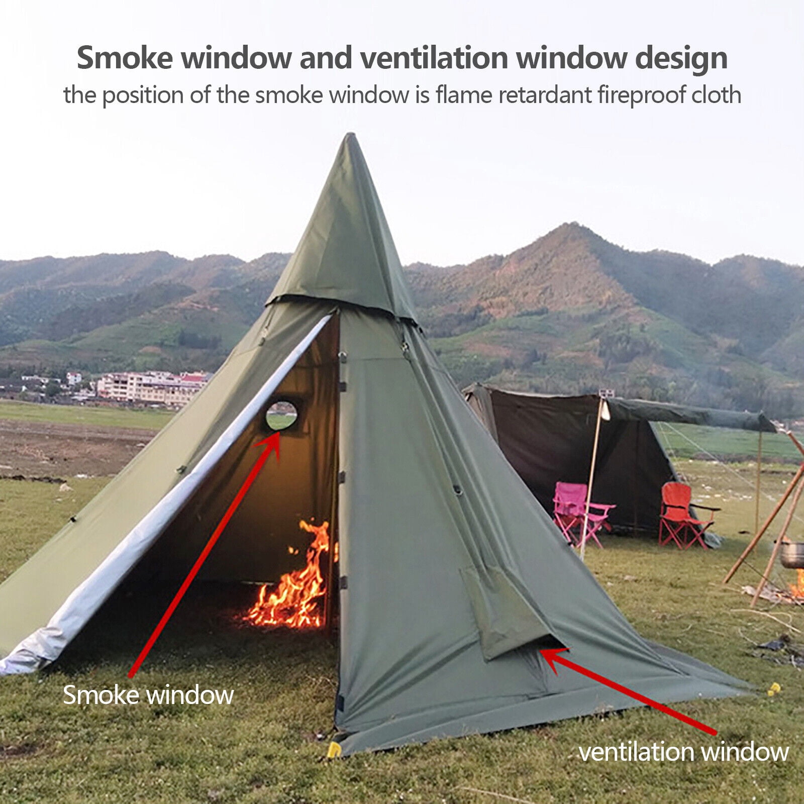 Foldable Camping Tent Two-door Design Tent with Chimney Opening 210 ...