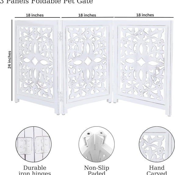 Foldable Carved Wooden Dog Gate - Freestanding Indoor Pet Barrier for ...