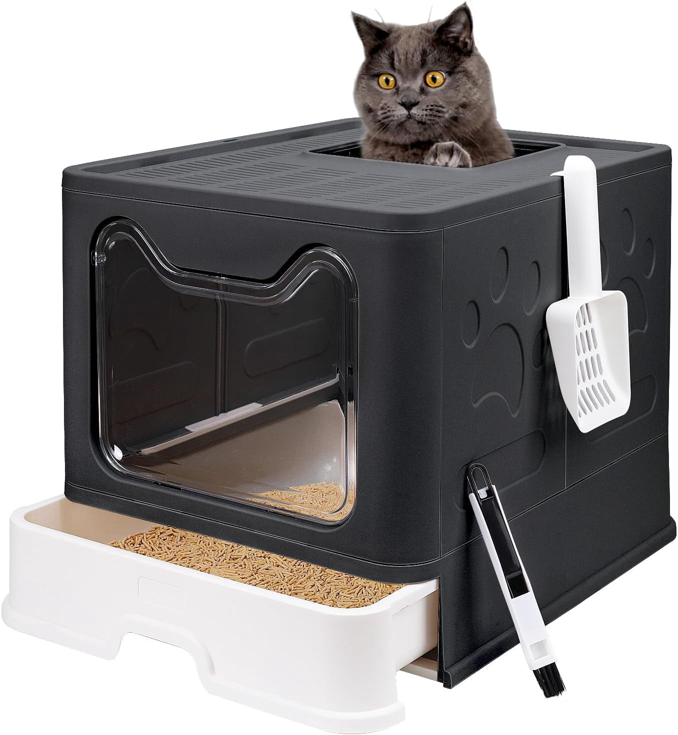 Foldable Cat Litter Box with Lid, Enclosed Potty, Large Top Entry Anti ...