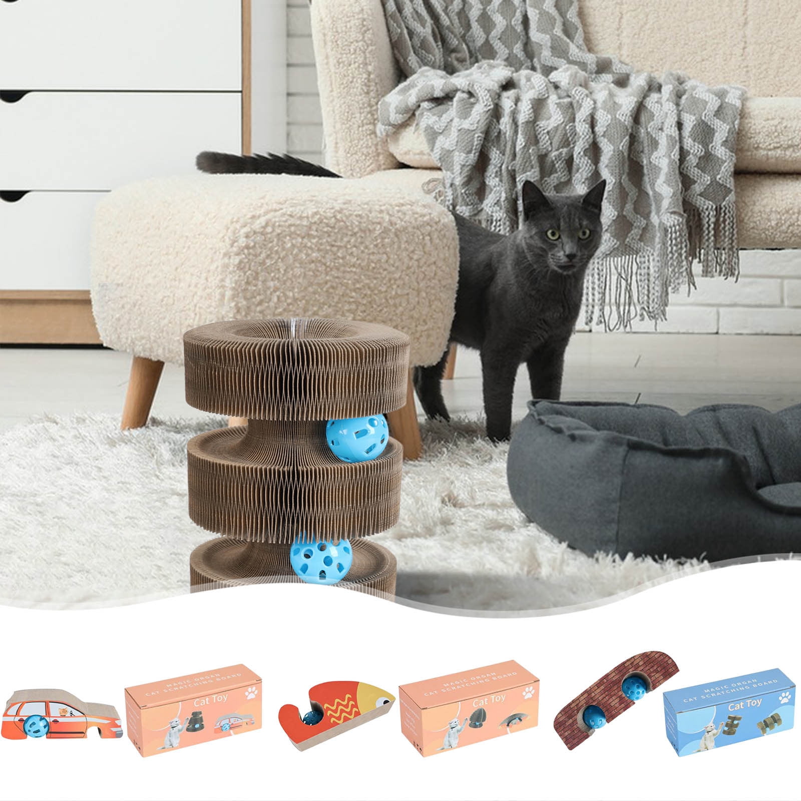 Foldable Cat Scratching Board with Toy Ball, Corrugated Cardboard Pad ...