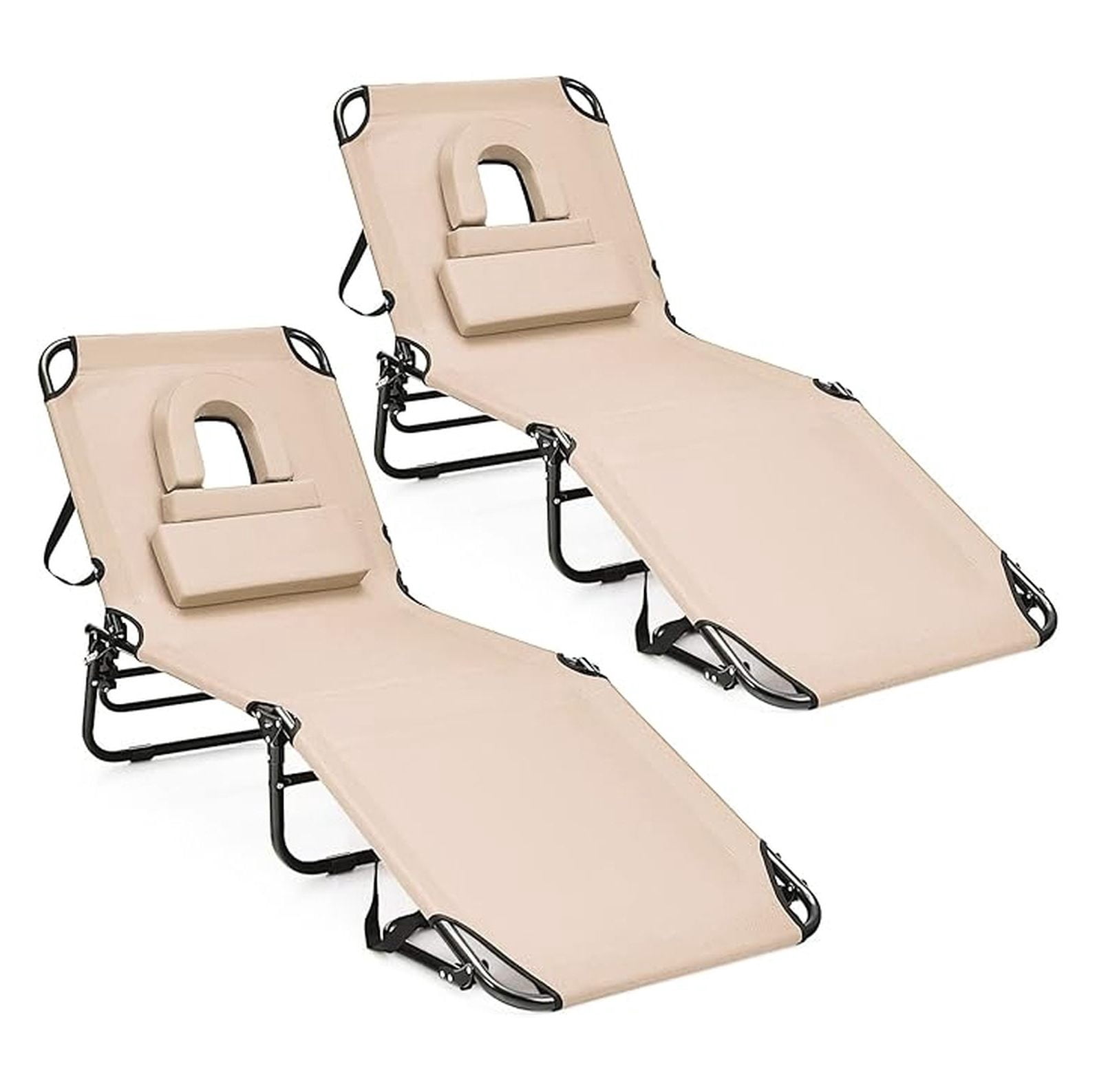 Foldable Chaise Lounge Chair 2-Pack, Sunbathing Chair with Face Hole ...