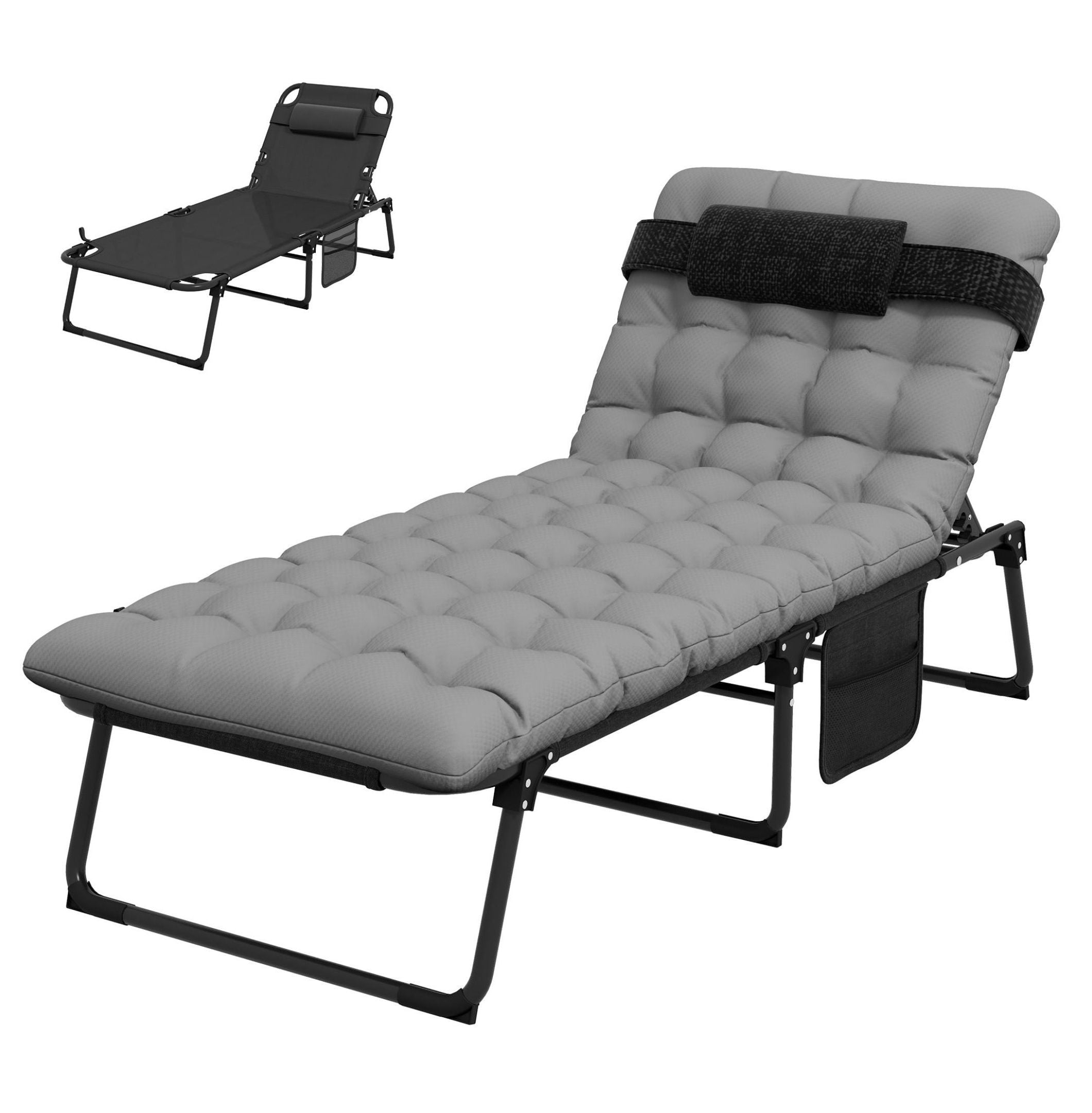 Foldable Chaise Lounge Chair - Gray Outdoor Sun Lounger with 4 Recline ...