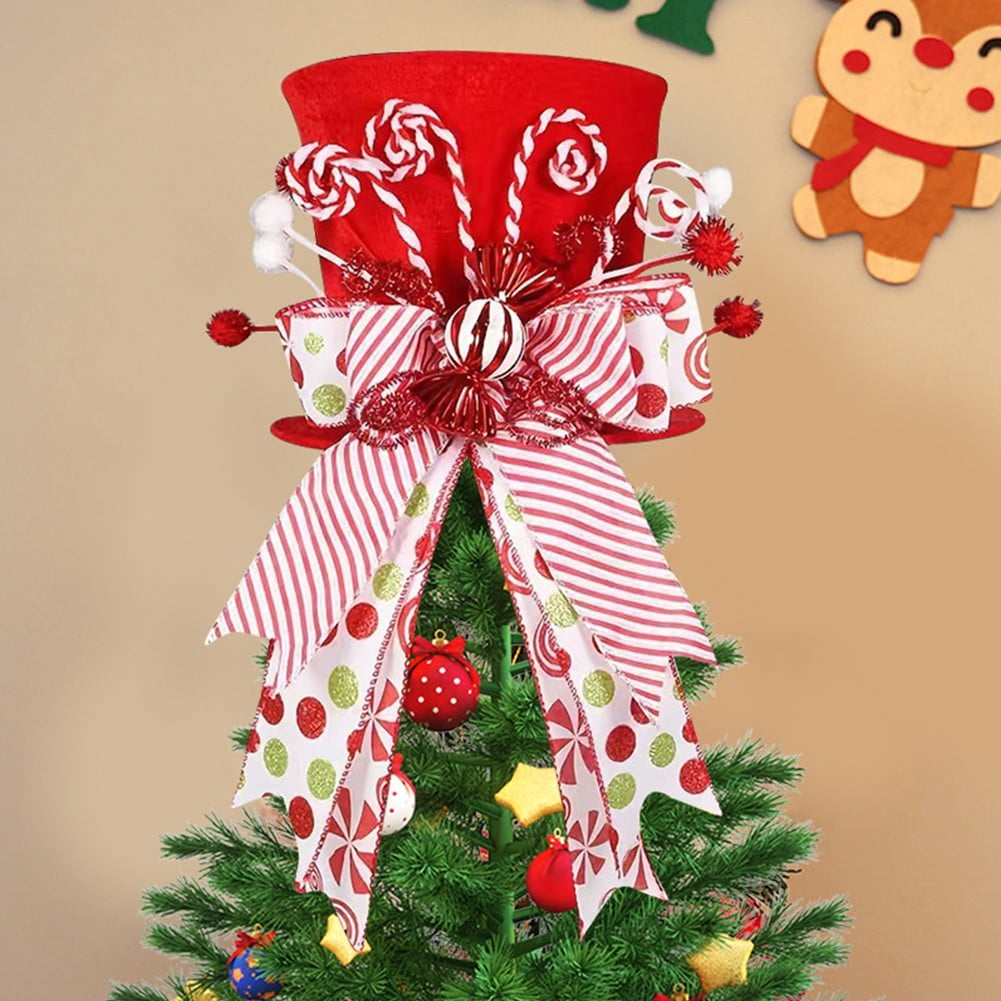 Foldable Tree Topper Hat with Candy Cane Bow Decoration Ornament Red ...