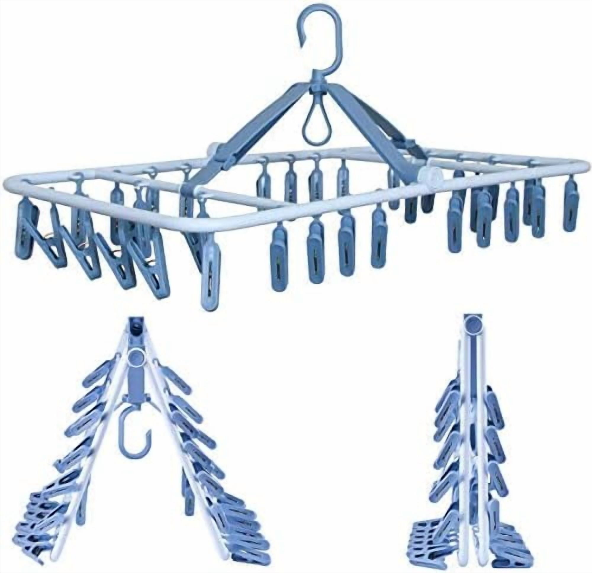 Foldable Clip Hangers Blue with 32Pcs Drying Clips Wind-Proof Hook for ...