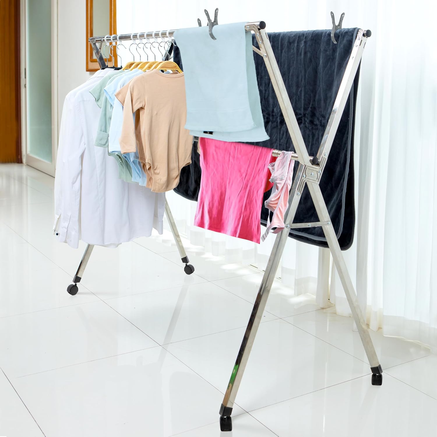 Foldable Clothes Drying Rack with Wheels - 95" Expandable Laundry ...
