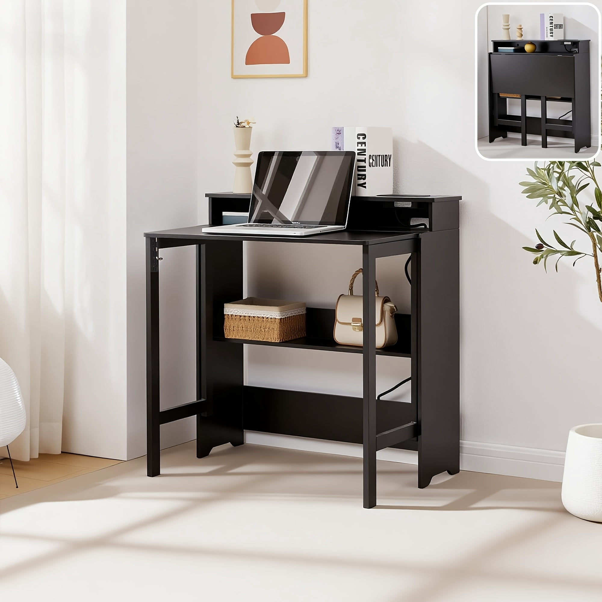 Foldable Computer Desk with Built-In Power Outlets, Storage Shelf, and ...