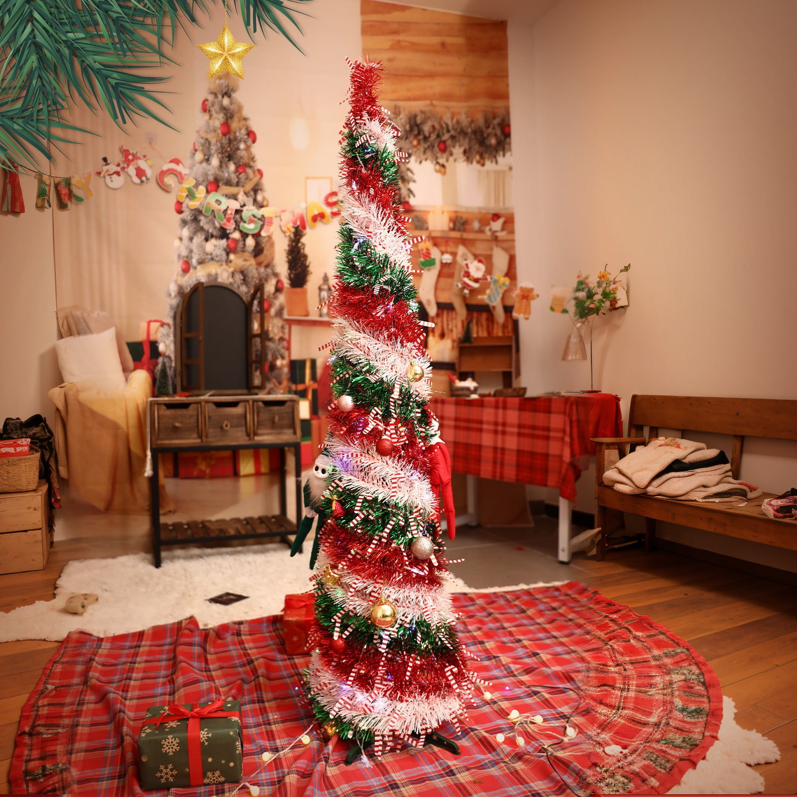 Foldable Decorative Christmas Tree, Retractable Five - Color Tinsel ...