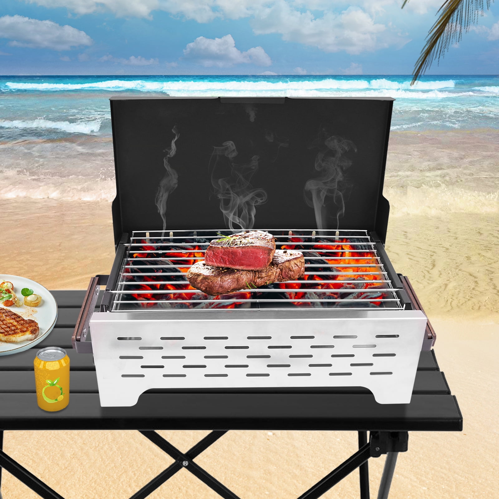 Foldable Design With Anti-scald Solid Wood Handles Portable Charcoal ...