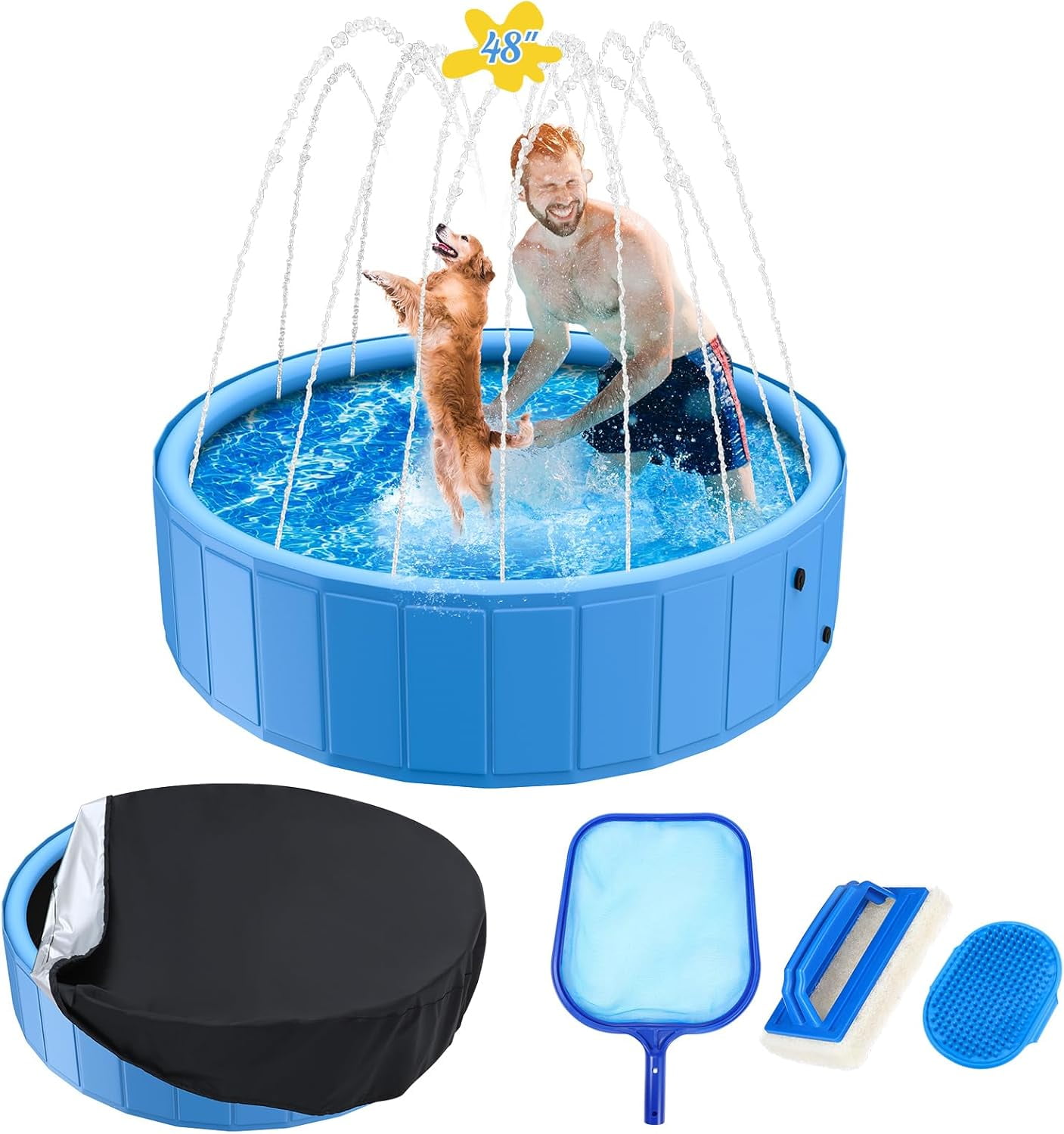 Foldable Dog Kiddie Pool, 48in Large Sprinkler Pool with Cover for Kids ...