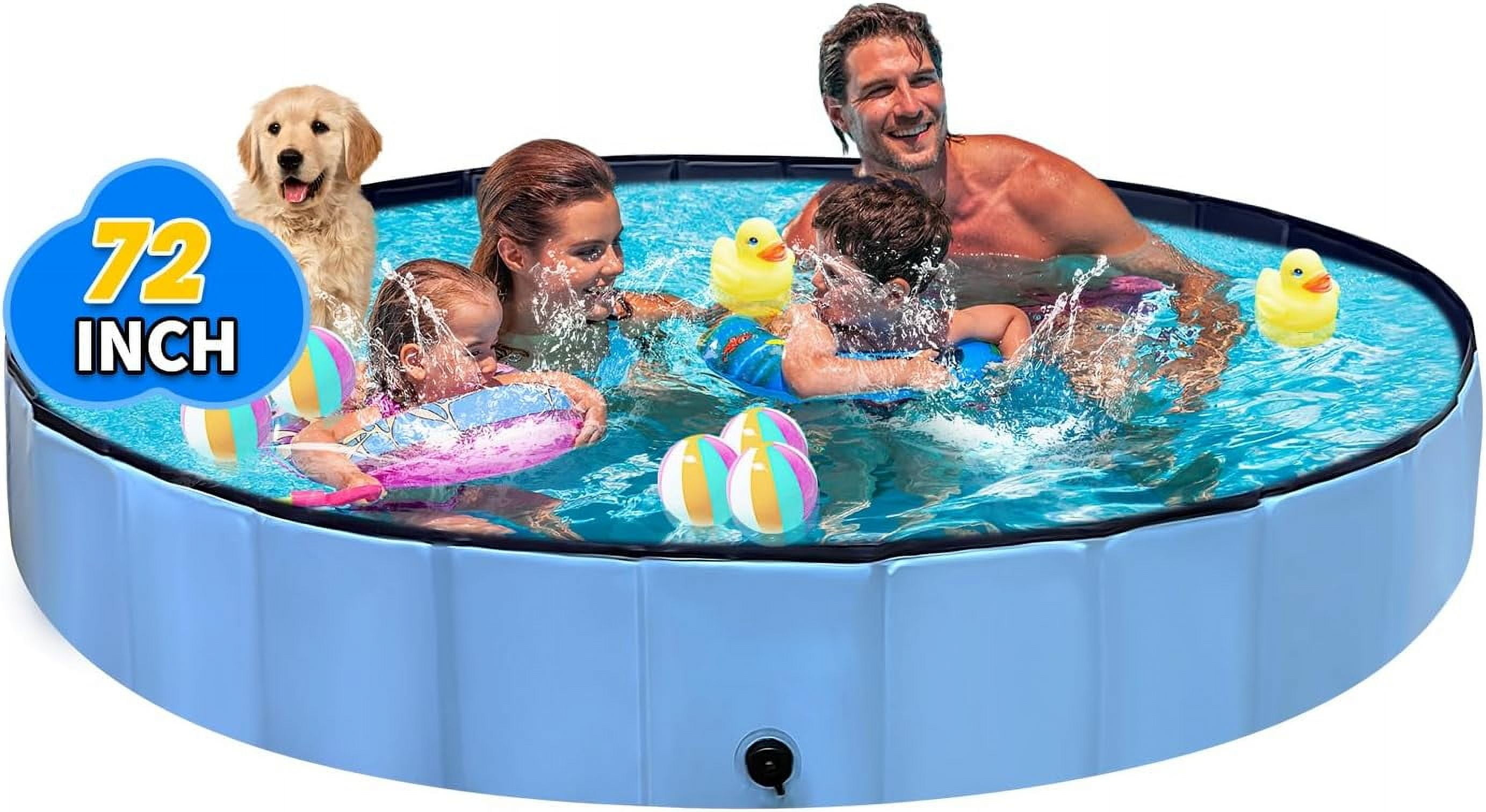 Foldable Dog & Kids Pool, 72" Blue Plastic Bathing Tub, Collapsible ...