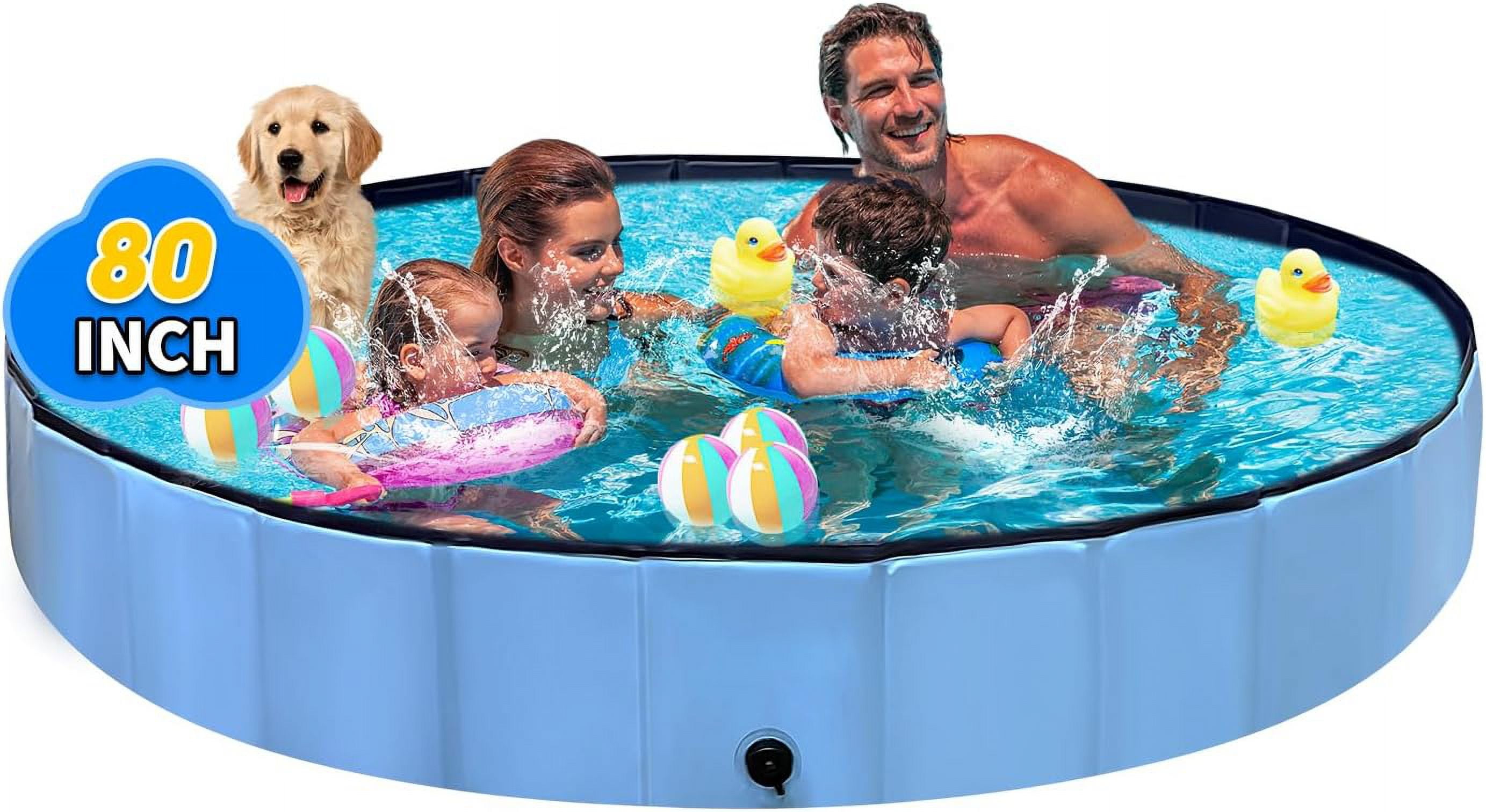 Foldable Dog & Kids Pool, 80" Blue Plastic Bathing Tub, Collapsible ...