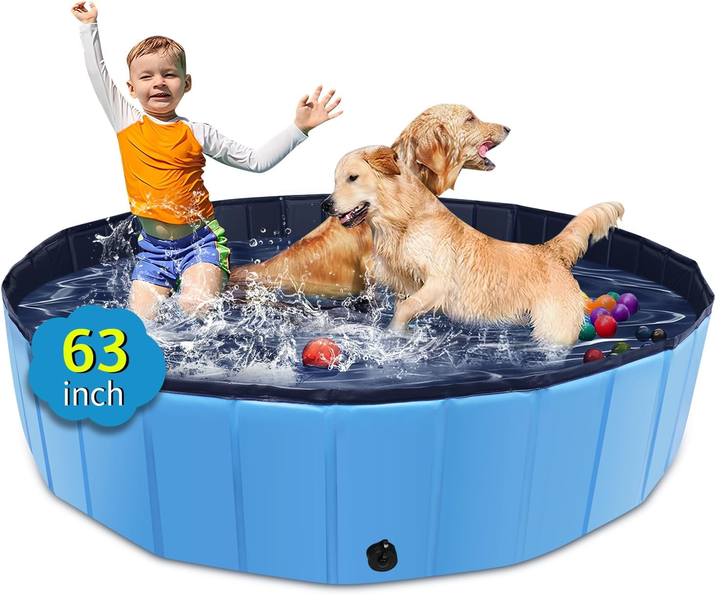 Foldable Dog Pool, 63" x 12" Kiddie Pool with Hard Plastic, Non-Slip ...