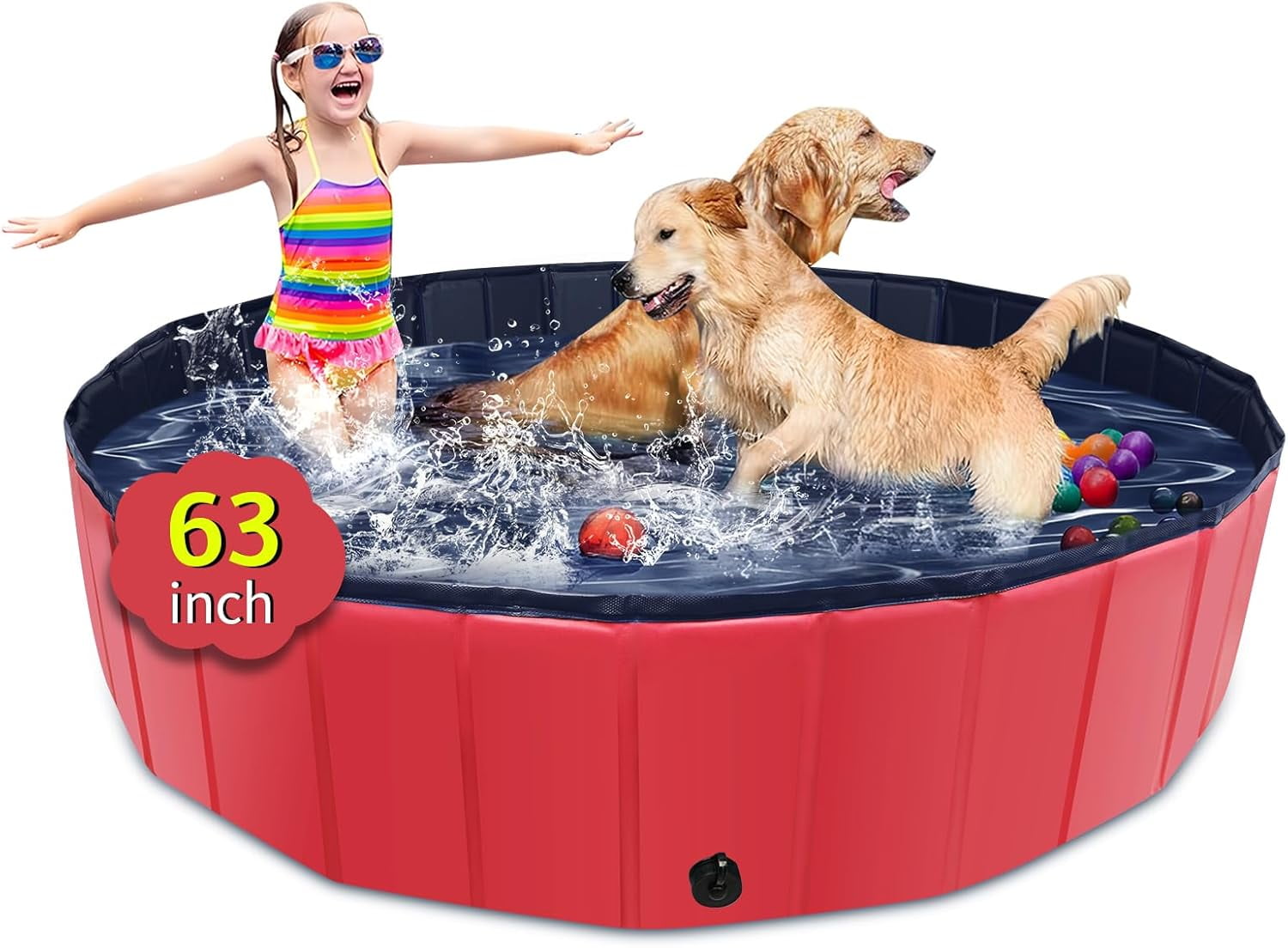Foldable Dog Pool, 63" x 12" Kiddie Pool with Hard Plastic, Non-Slip ...