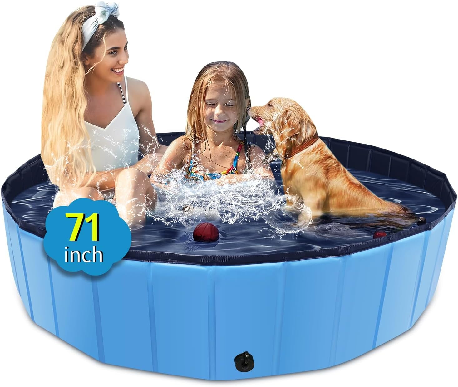 Foldable Dog Pool, 71" x 14" Large Kiddie Pool with Hard Plastic, Non ...