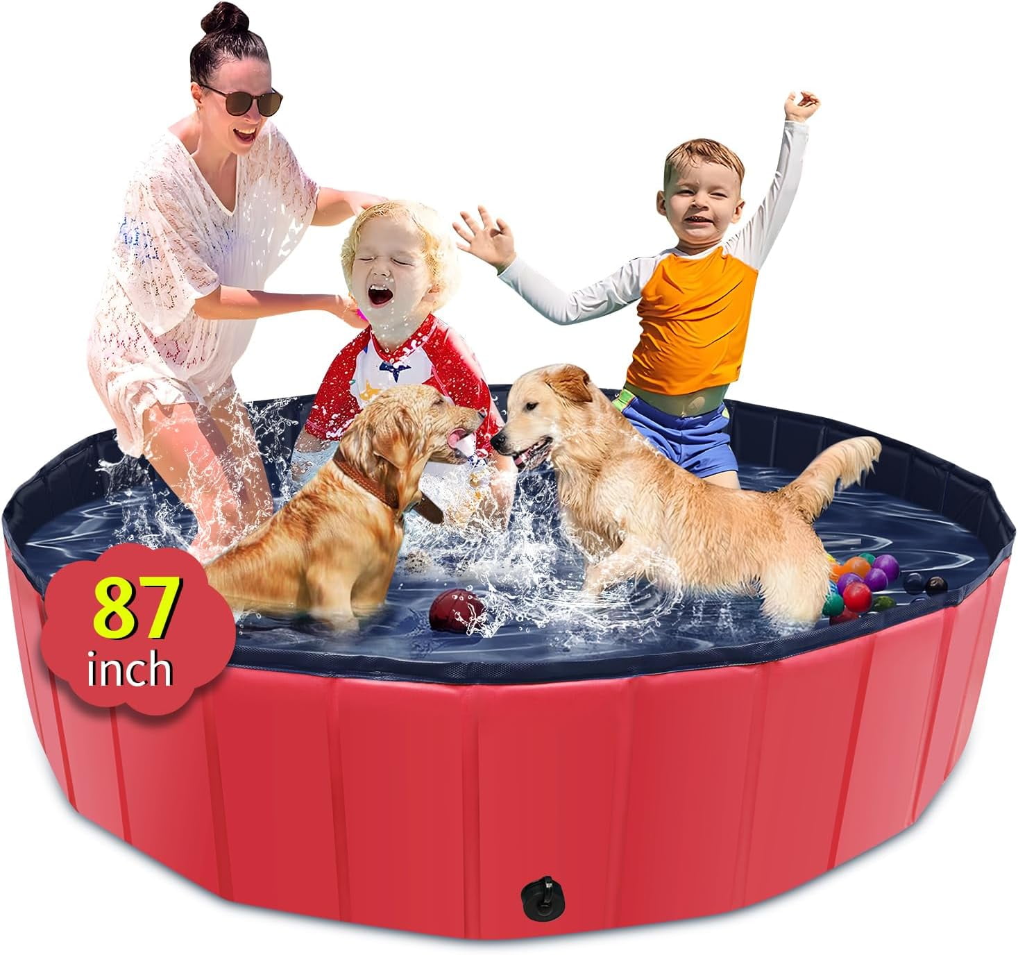 Foldable Dog Pool, 87" x 14" Large Kiddie Pool with Hard Plastic, Non ...