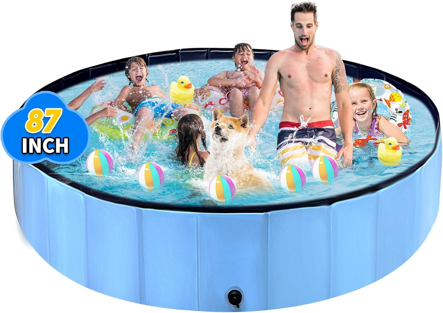 Foldable Dog Pool, Hard Plastic Kiddie Pool for Toddlers 1-3, 87" Blue ...