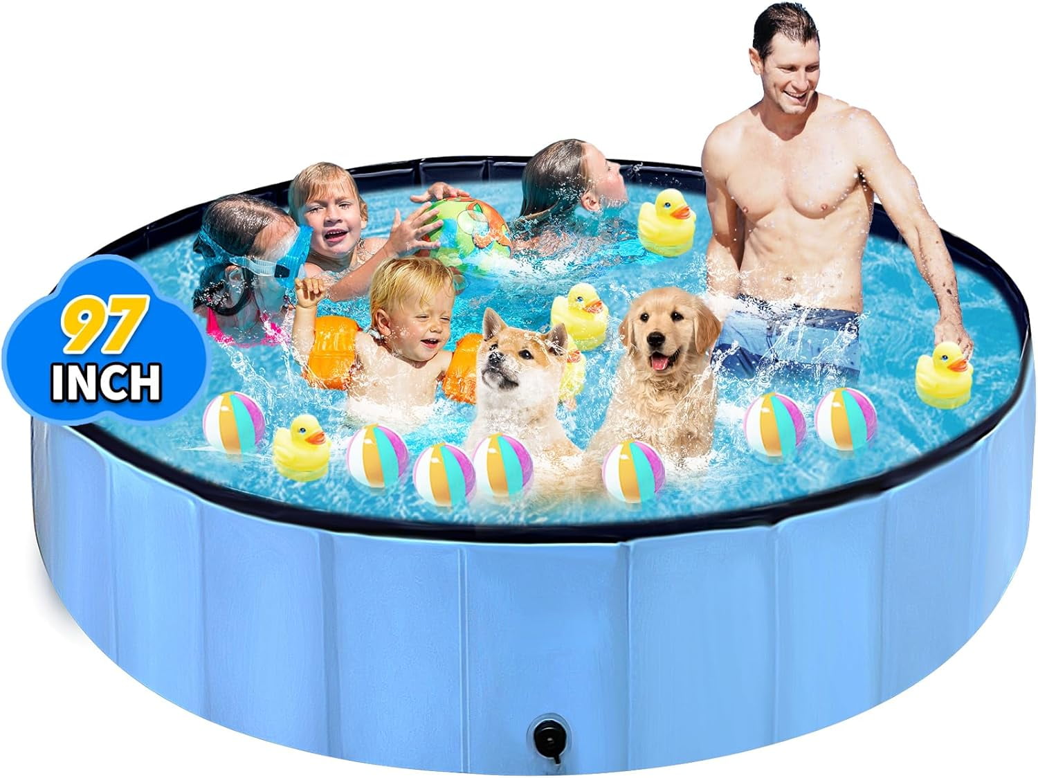 Foldable Dog Pool, Hard Plastic Kiddie Pool for Toddlers 1-3, 97" Blue ...