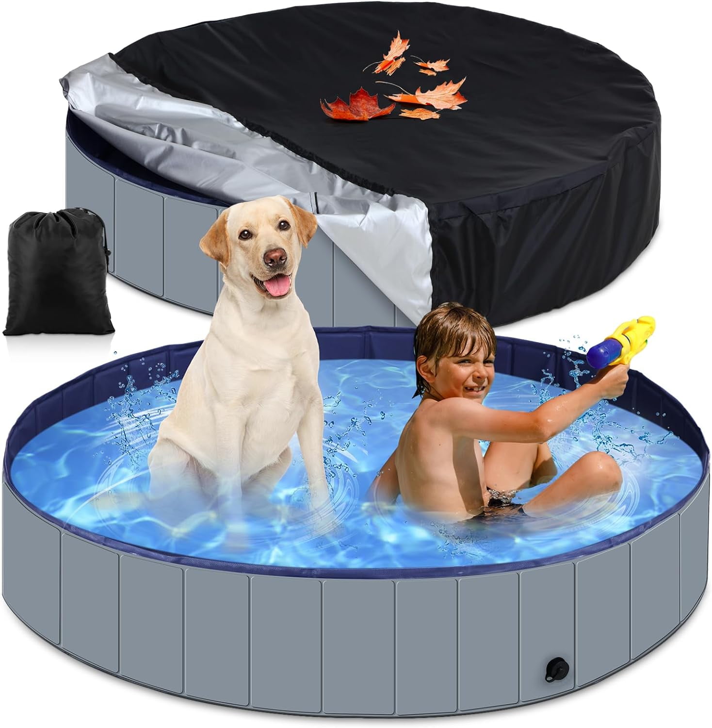 Foldable Dog Pool with Round Pool Cover Collapsible Dog Pet Pool Hard ...