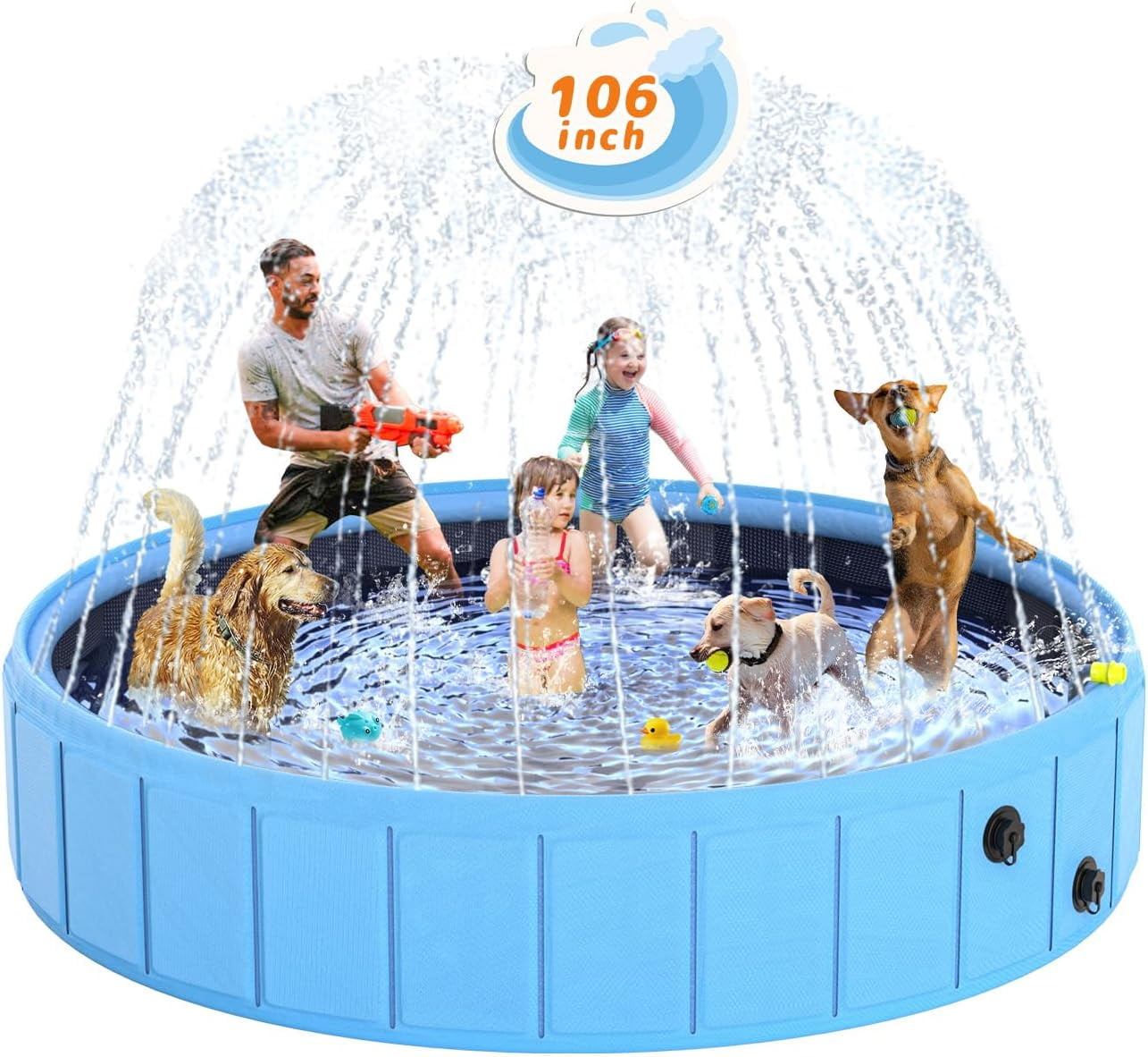 Foldable Dog Pool with Sprinkler, 106 in Extra Large Dog Swimming Pool ...
