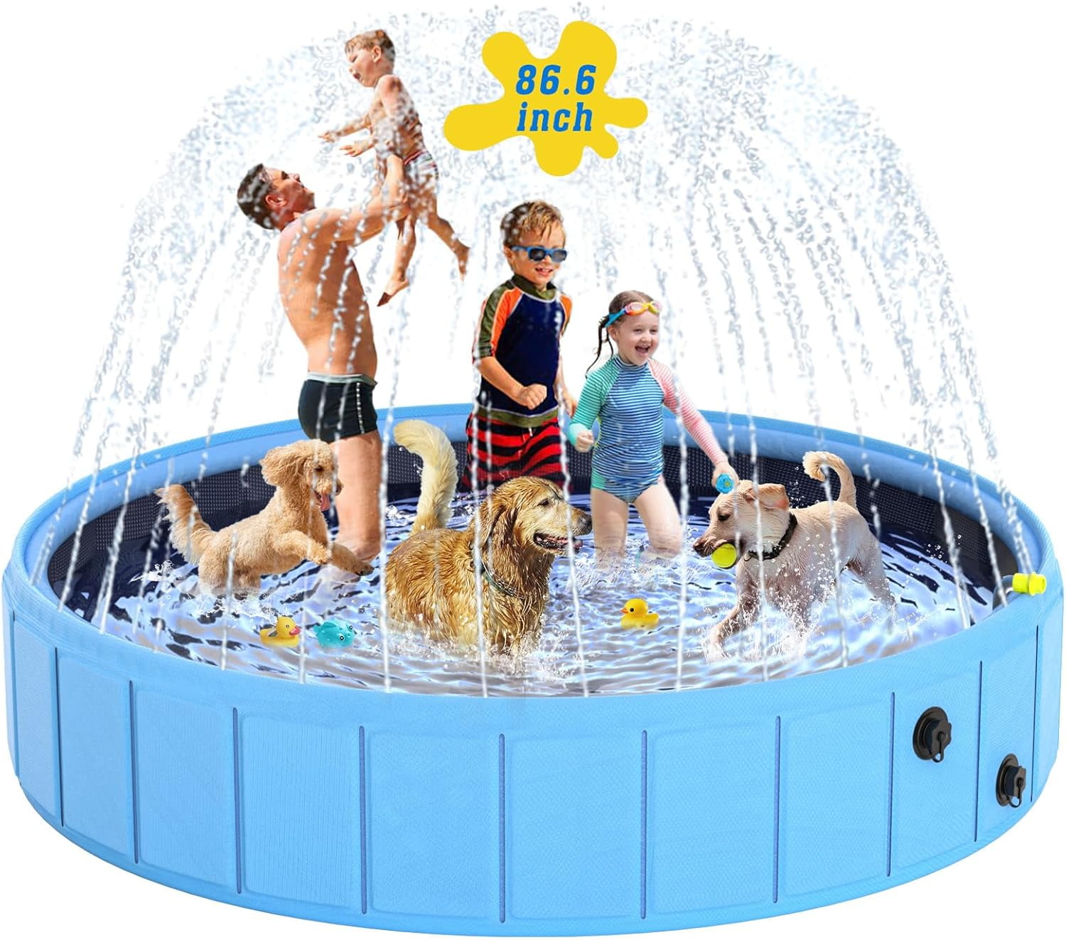 Foldable Dog Pool with Sprinkler, 86.6 in Extra Large Dog Swimming Pool ...