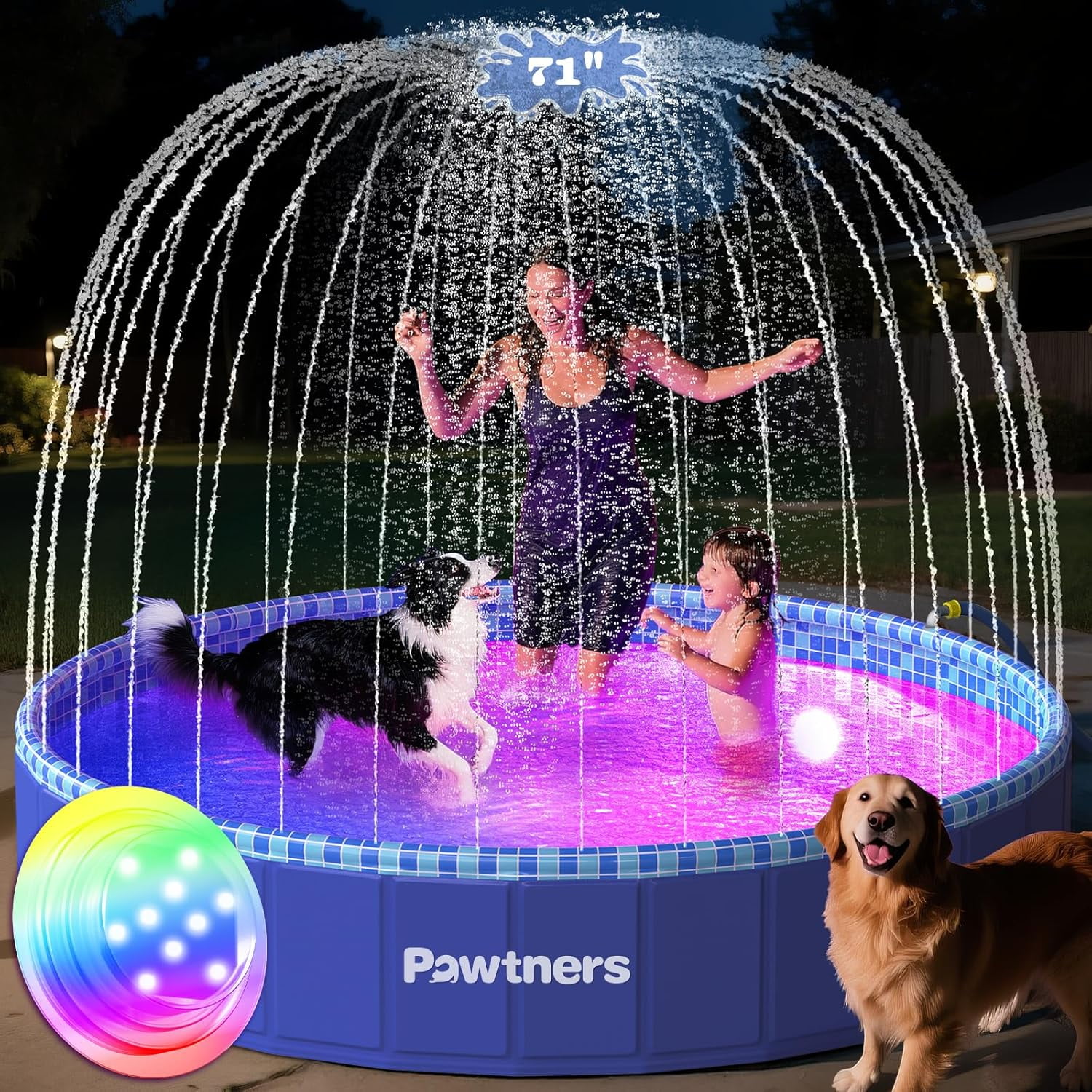 Foldable Dog Pool with Sprinkler LED Light, 71" Collapsible Hard ...