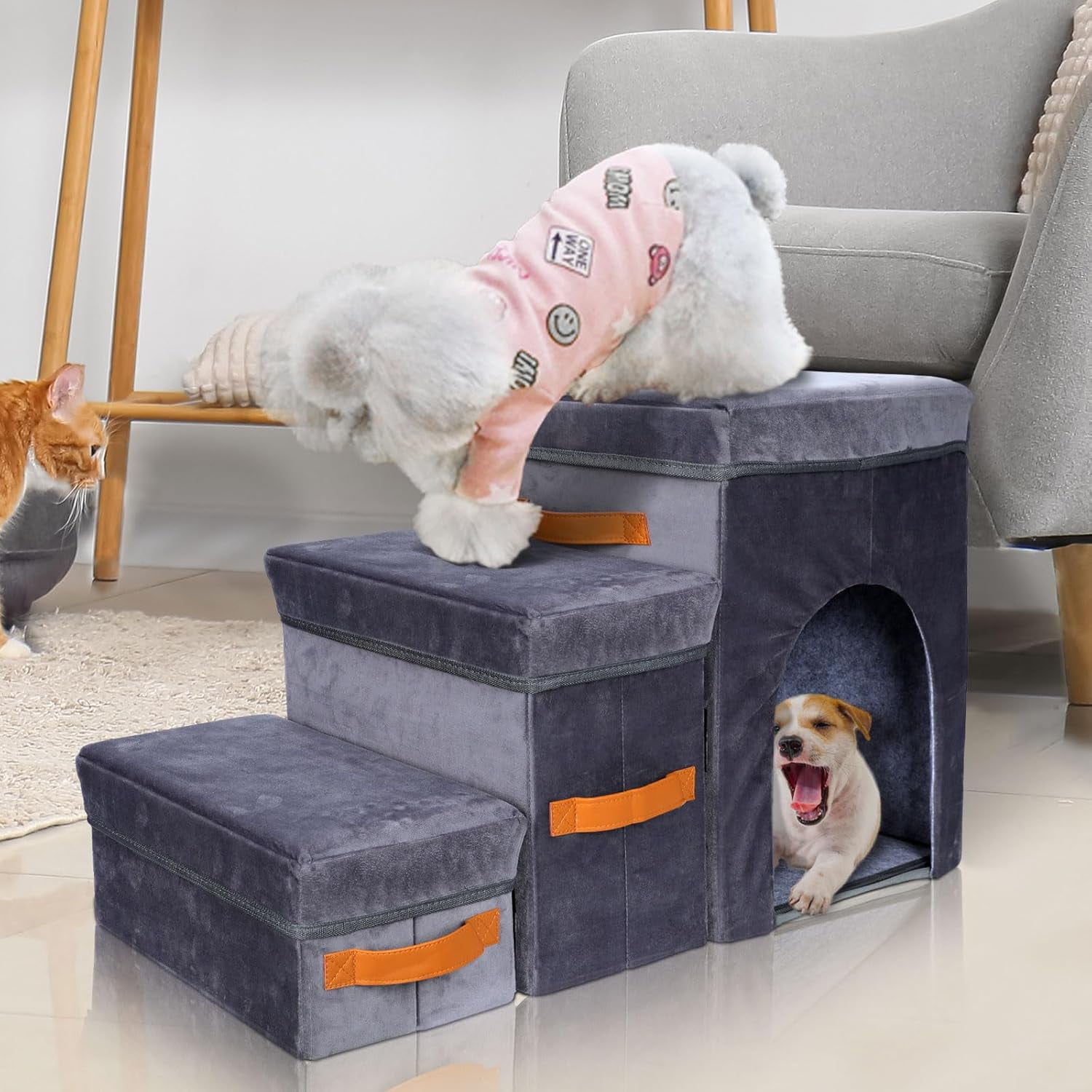 Foldable Dog Stairs for Bed, 3-Step Pet Stairs with 2 Storage Boxes & Condo for Small, Short ...