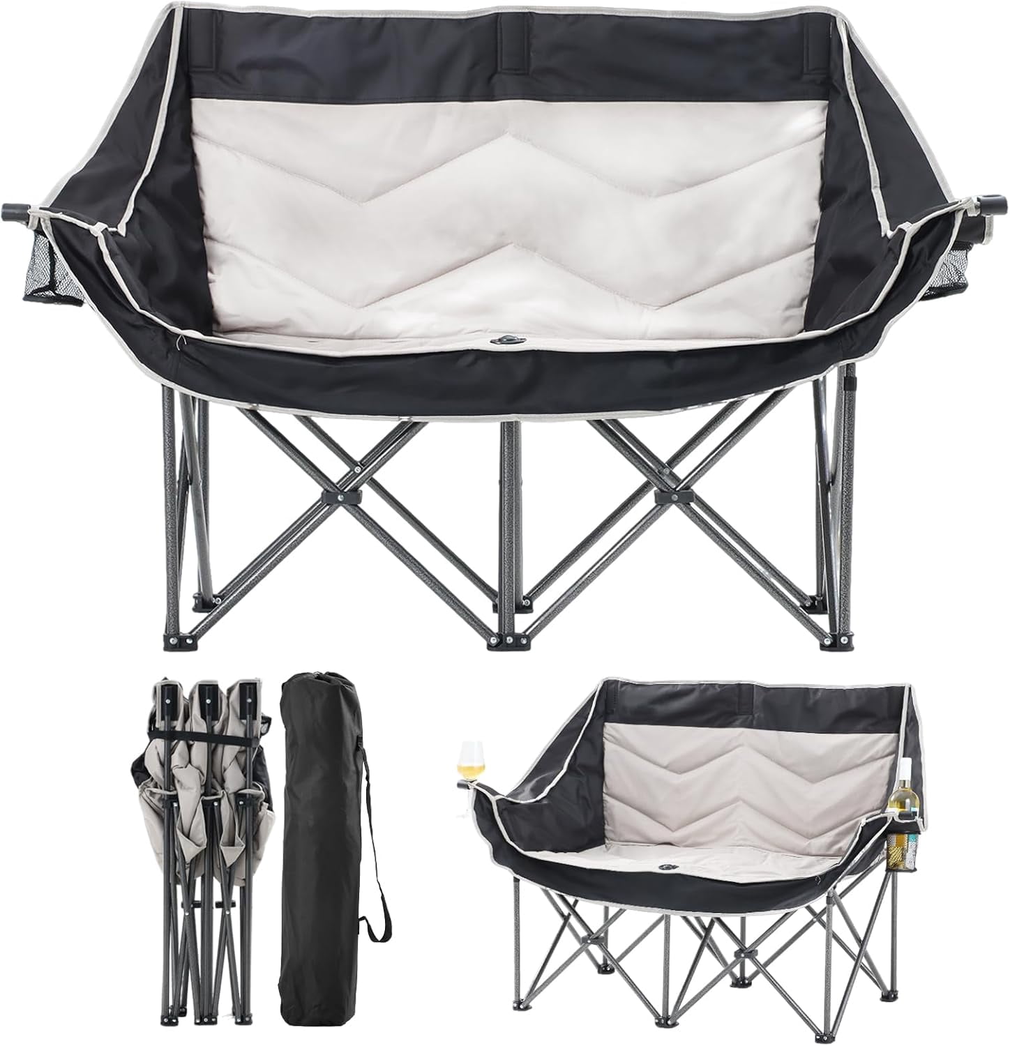 Foldable Double Camping Couch, Padded Loveseat with Cup Holders, Side ...